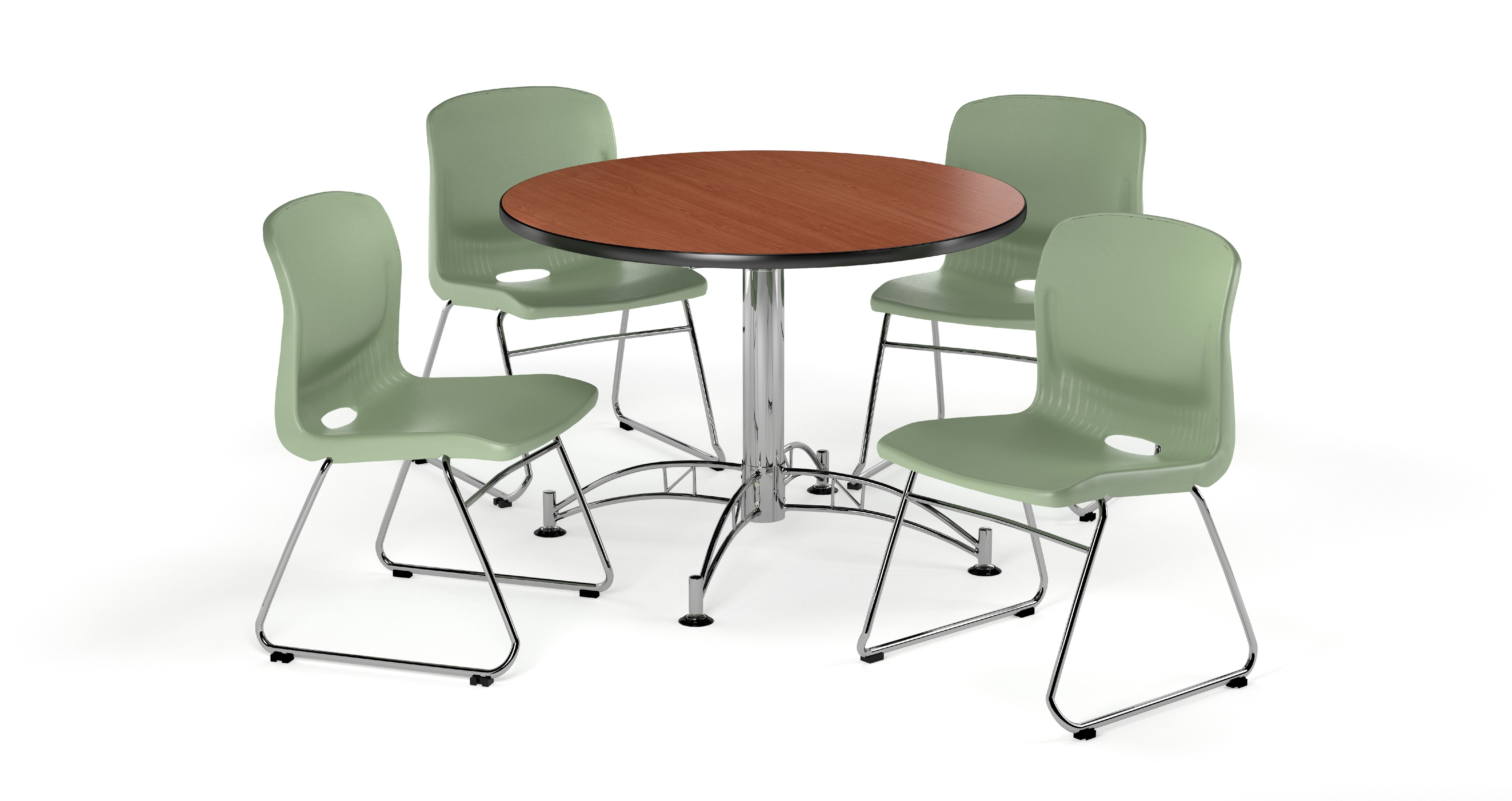 Ofm Multi Use Break Room Package 42 Round Table With Plastic Stack Chairs Cherry Finish With