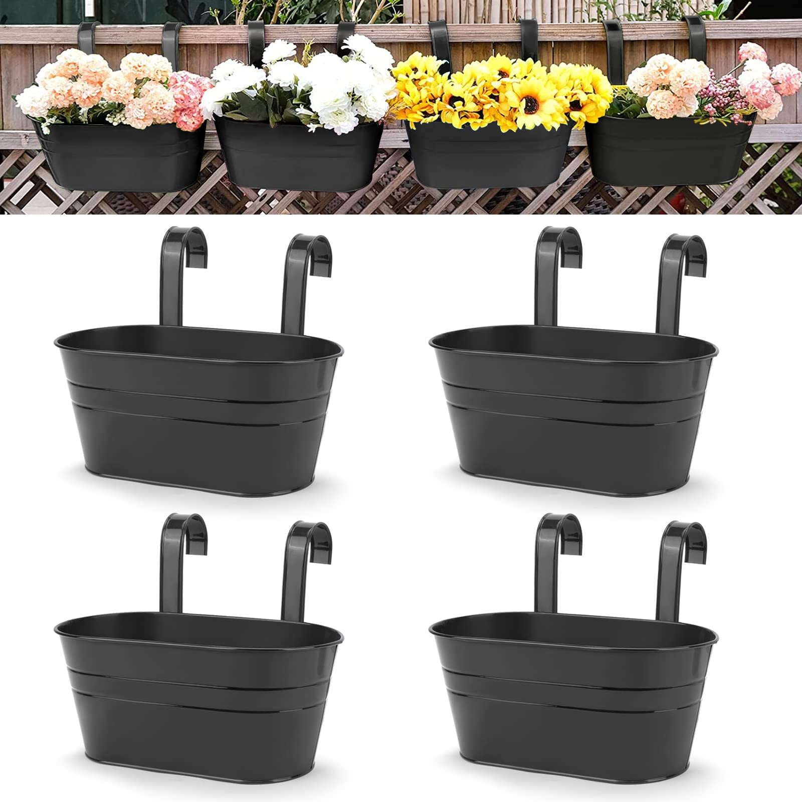 OGIMA 4pcs Large Hanging Flower Pots, Metal Iron Wall Planter Indoor/Outdoor for Railing Fence ...