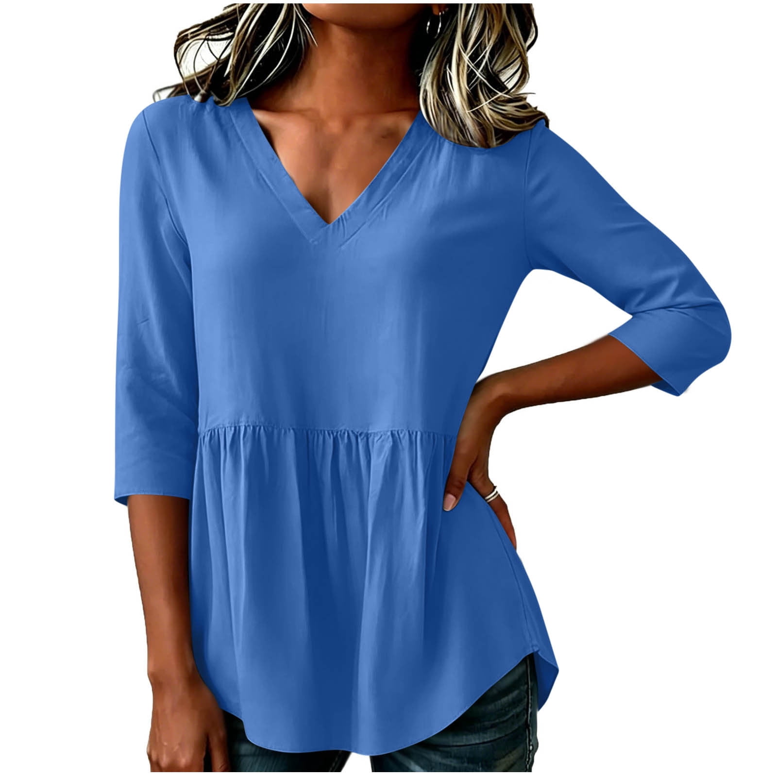 OGLCCG 3/4 Length Sleeve Womens Tops Cotton Linen V Neck T Shirts ...
