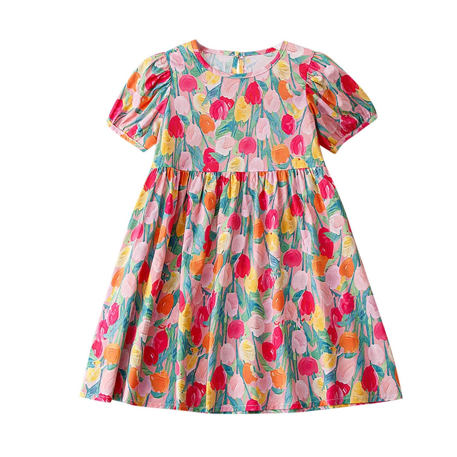 OGLCCG Little Girls Cotton Short Sleeve A Line Pleated Flowy Midi ...