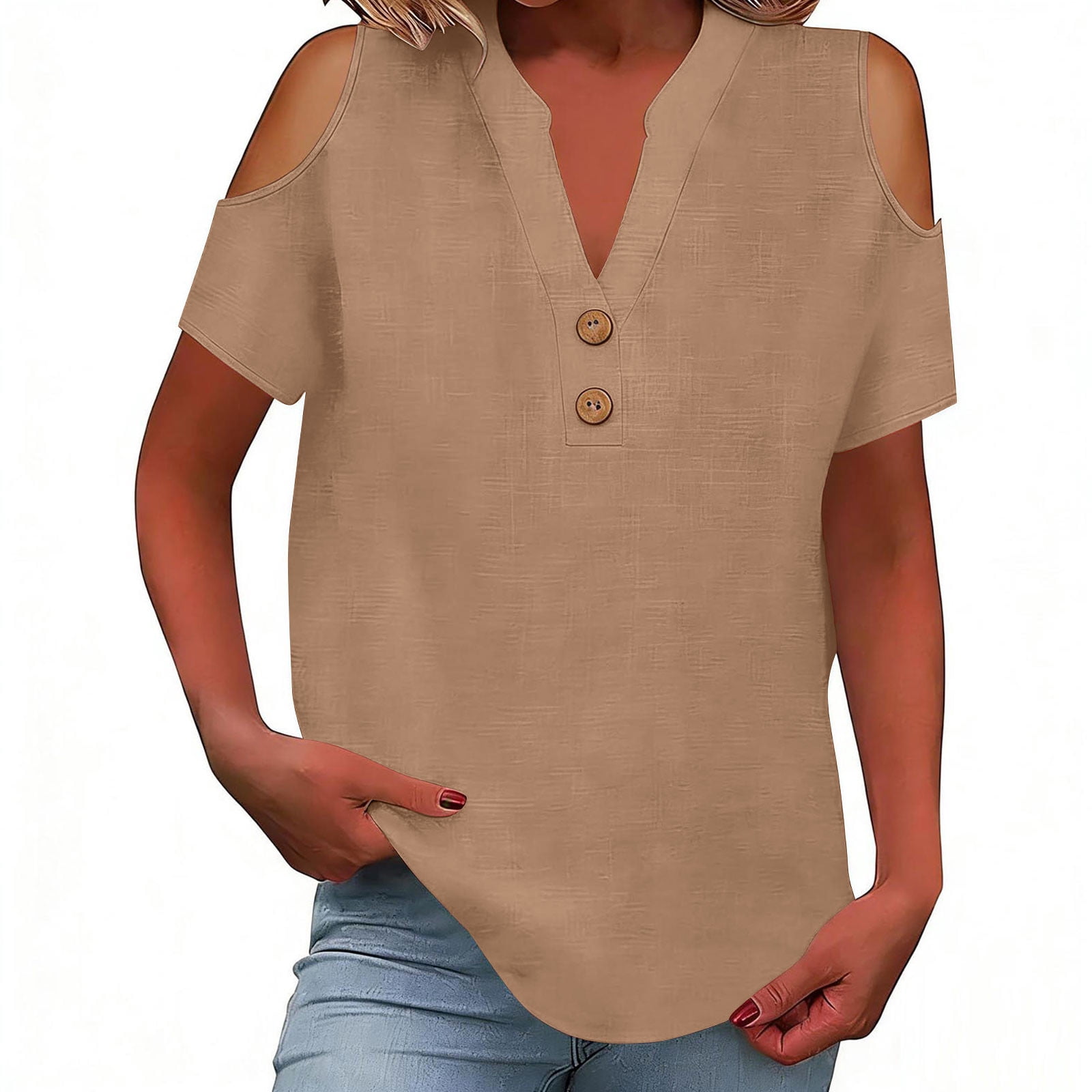 OGLCCG Cotton Linen Shirts for Women Short Sleeve Button V Neck Cold ...