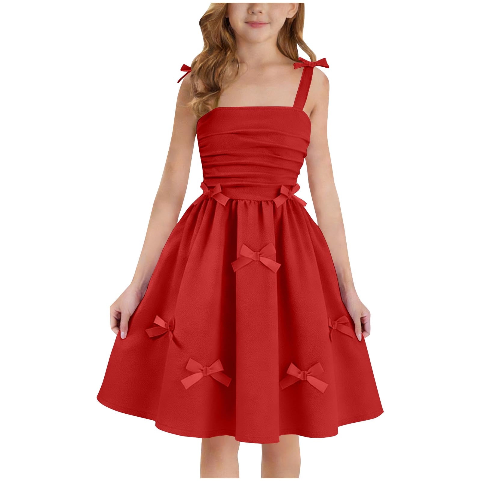 OGLCCG Girl's Bow Sleeveless A Line Midi Dress Trendy A Line Ruched ...