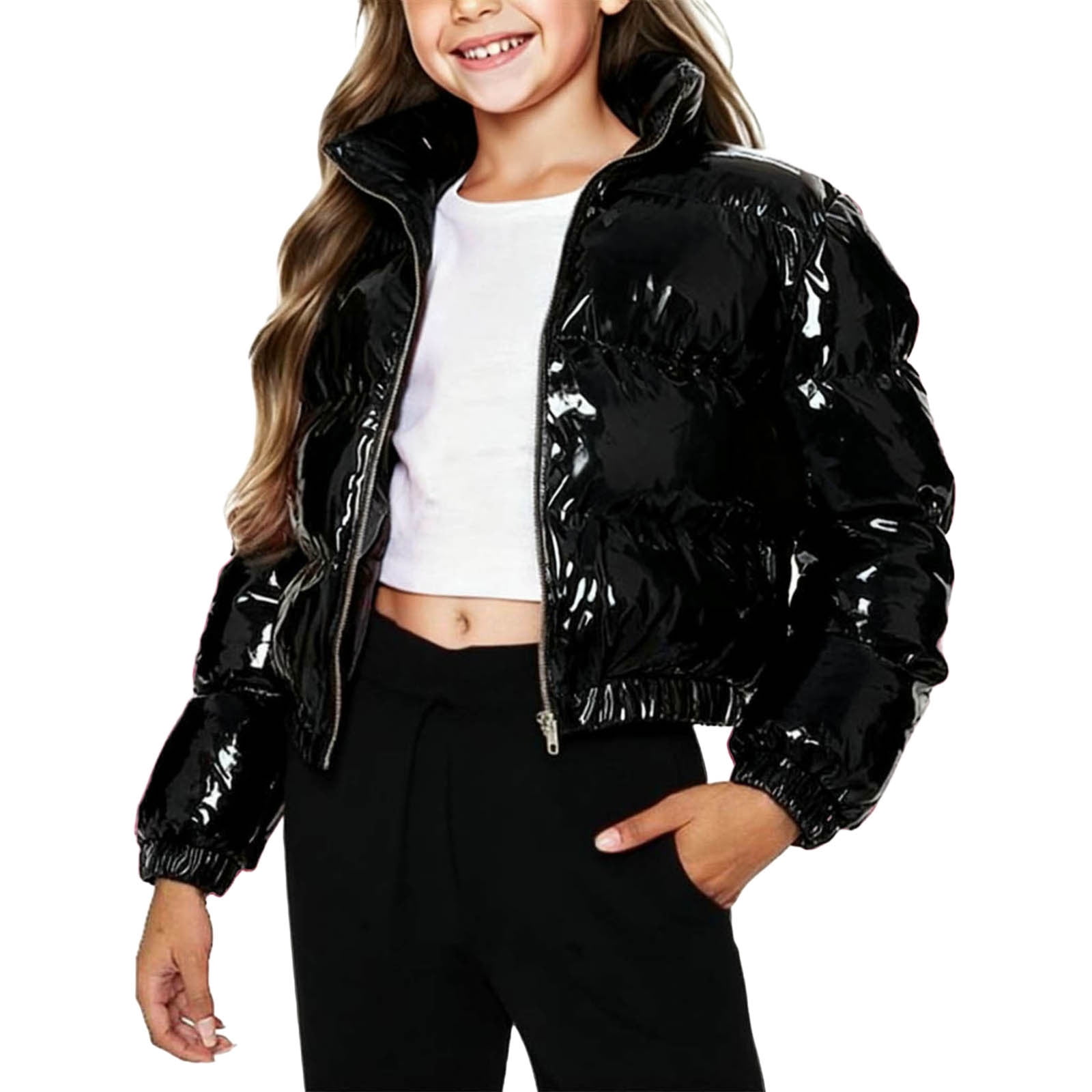 OGLCCG Girl's Cropped Puffer Jacket Stand Collar Shiny Metallic Zip Up ...