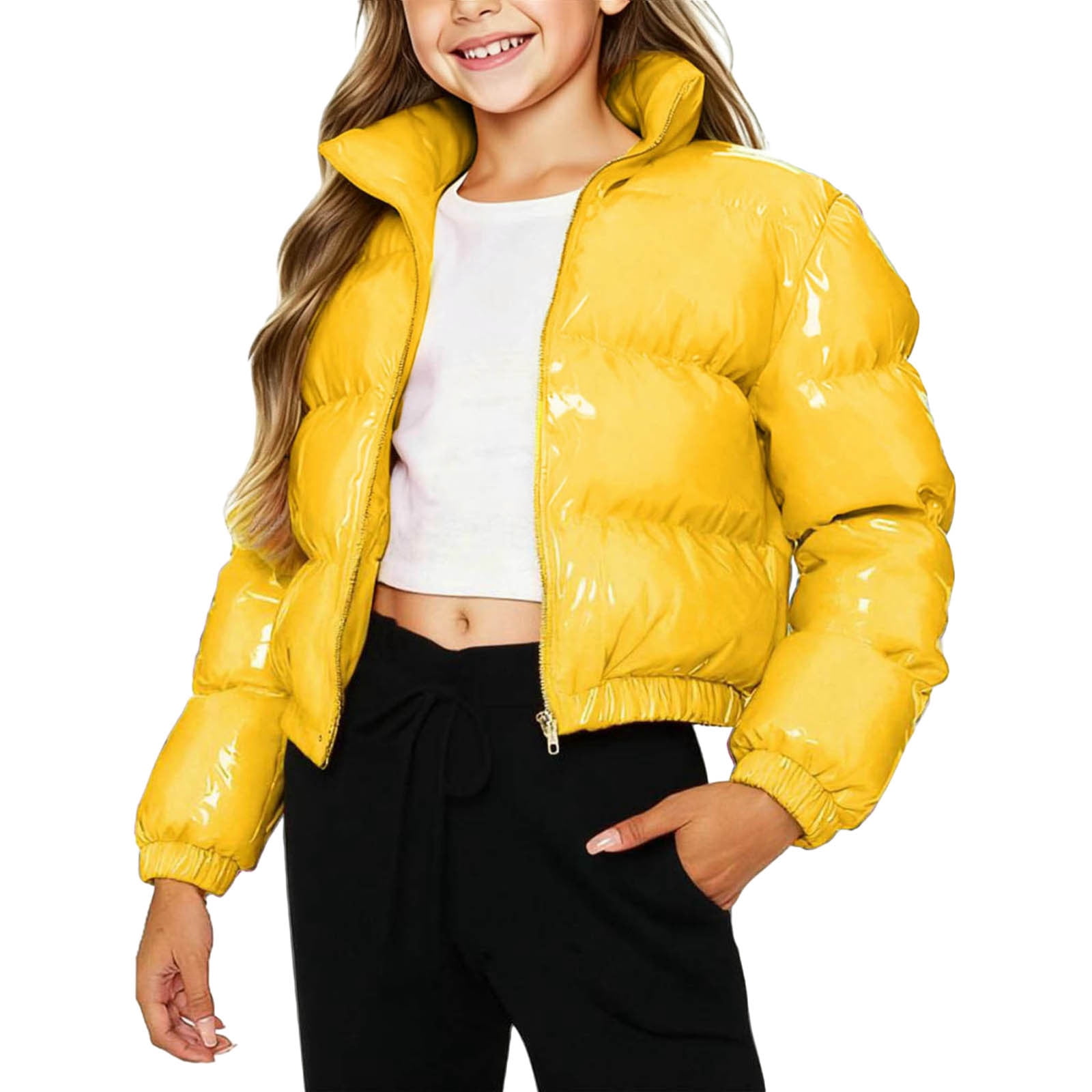 OGLCCG Girl's Cropped Puffer Jacket Stand Collar Shiny Metallic Zip Up ...