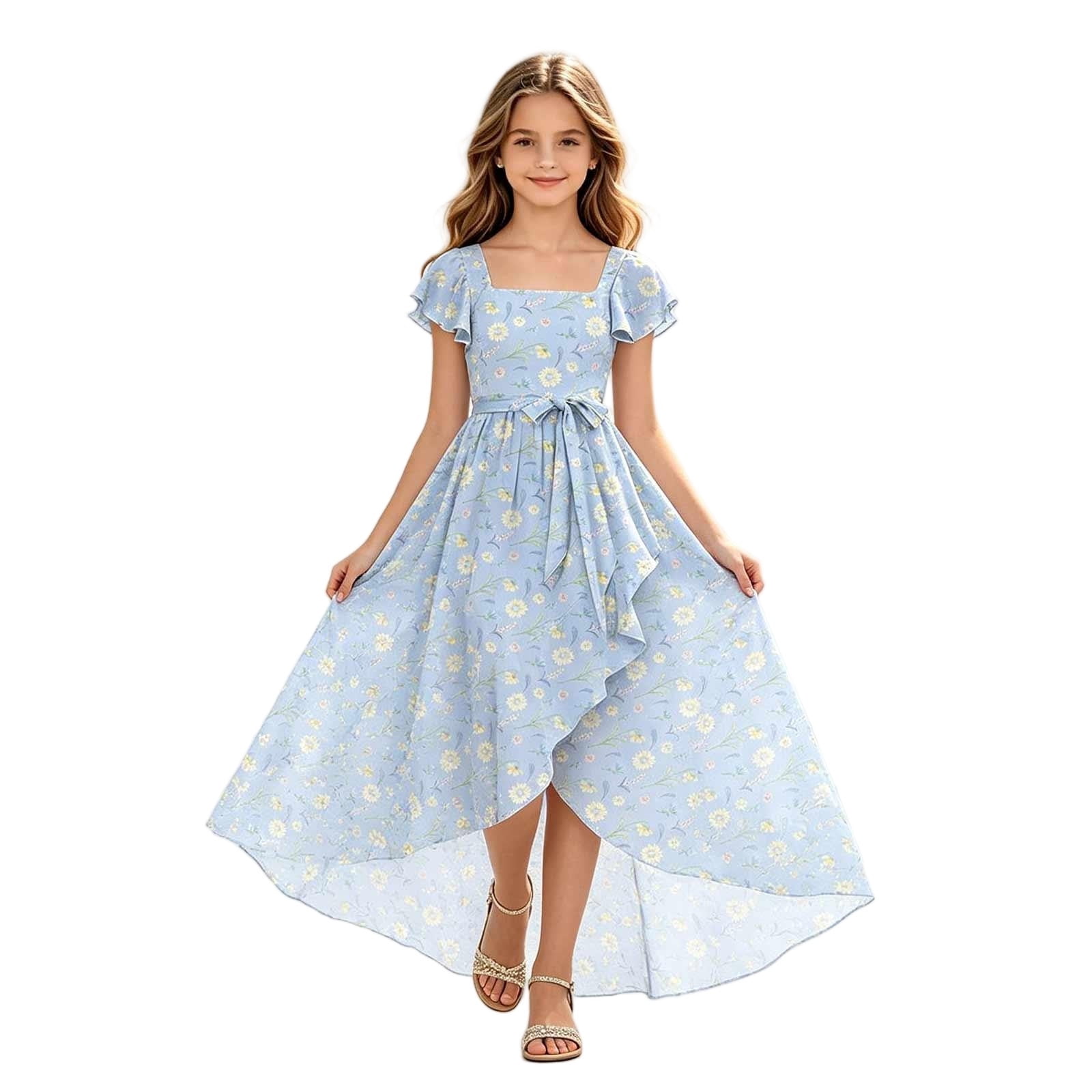 OGLCCG Girl's Floral High-Low Maxi Dress Cute Puff Sleeve Square Neck ...