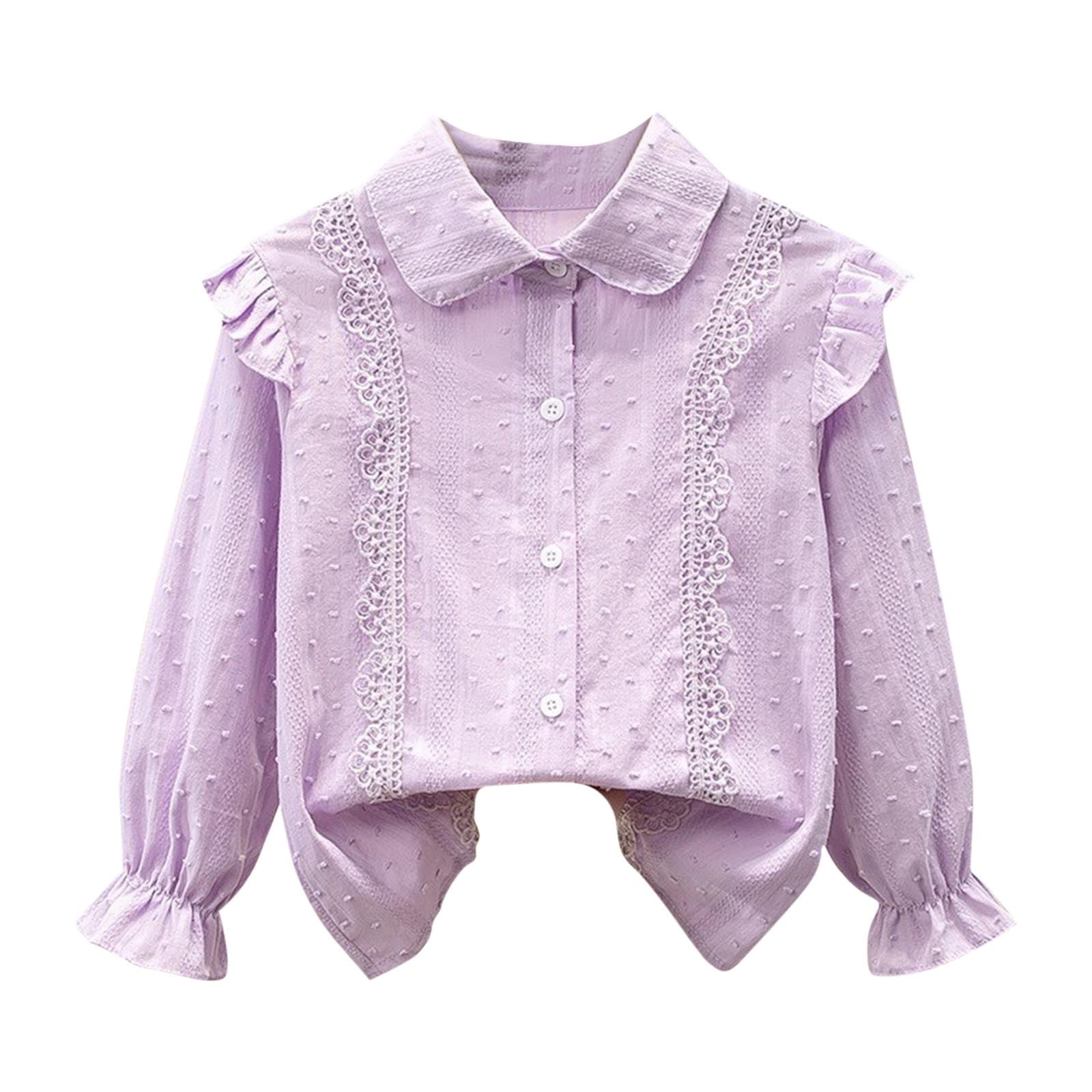OGLCCG Girls Button Down Shirts Cotton Doll Collar Long Sleeve Vintage ...