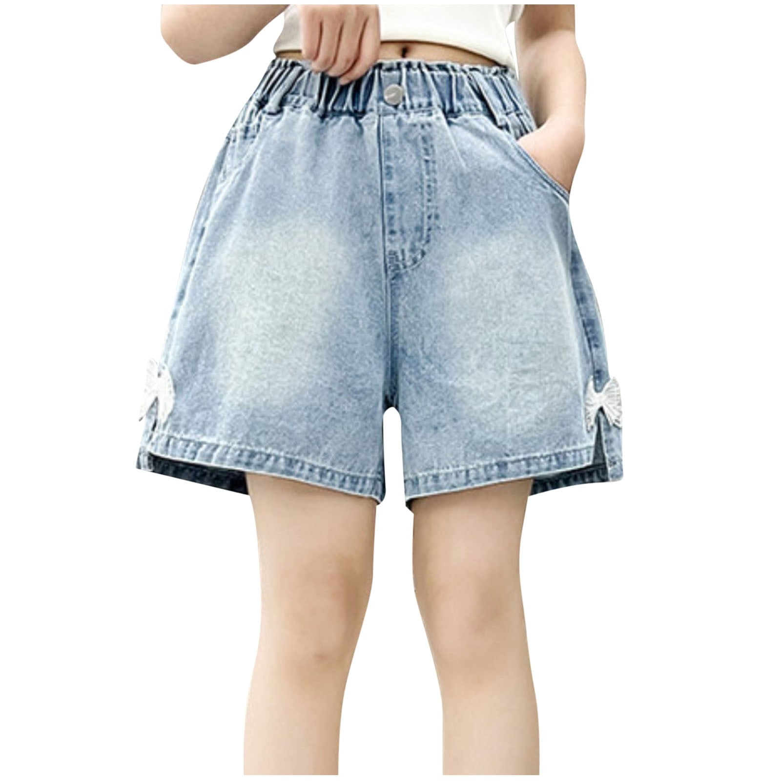 OGLCCG Girls Jean Shorts Elastic Waist Lace Hem Denim Bermuda Shorts ...