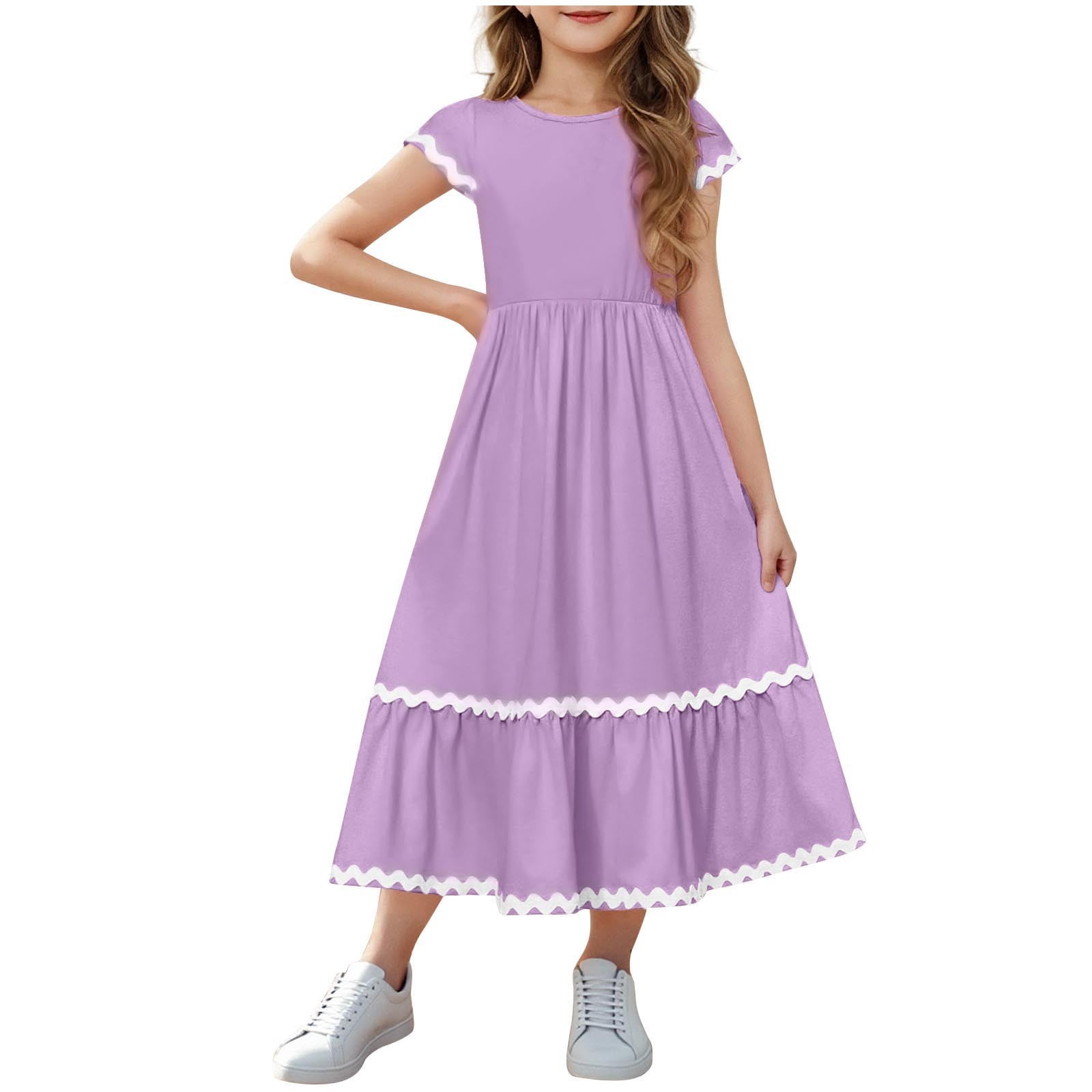 OGLCCG Girls Summer Maxi Dresses Short Sleeve Casual Flowy Tiered Dress ...