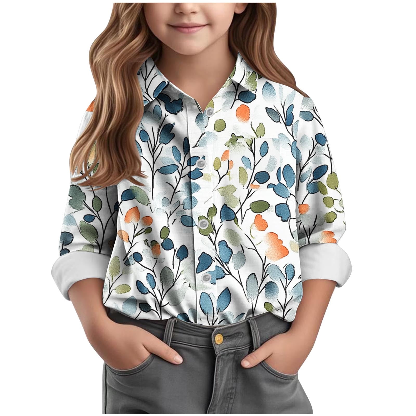 OGLCCG Kids Girls Button Down Shirts Floral Printed Long Sleeve Casual ...
