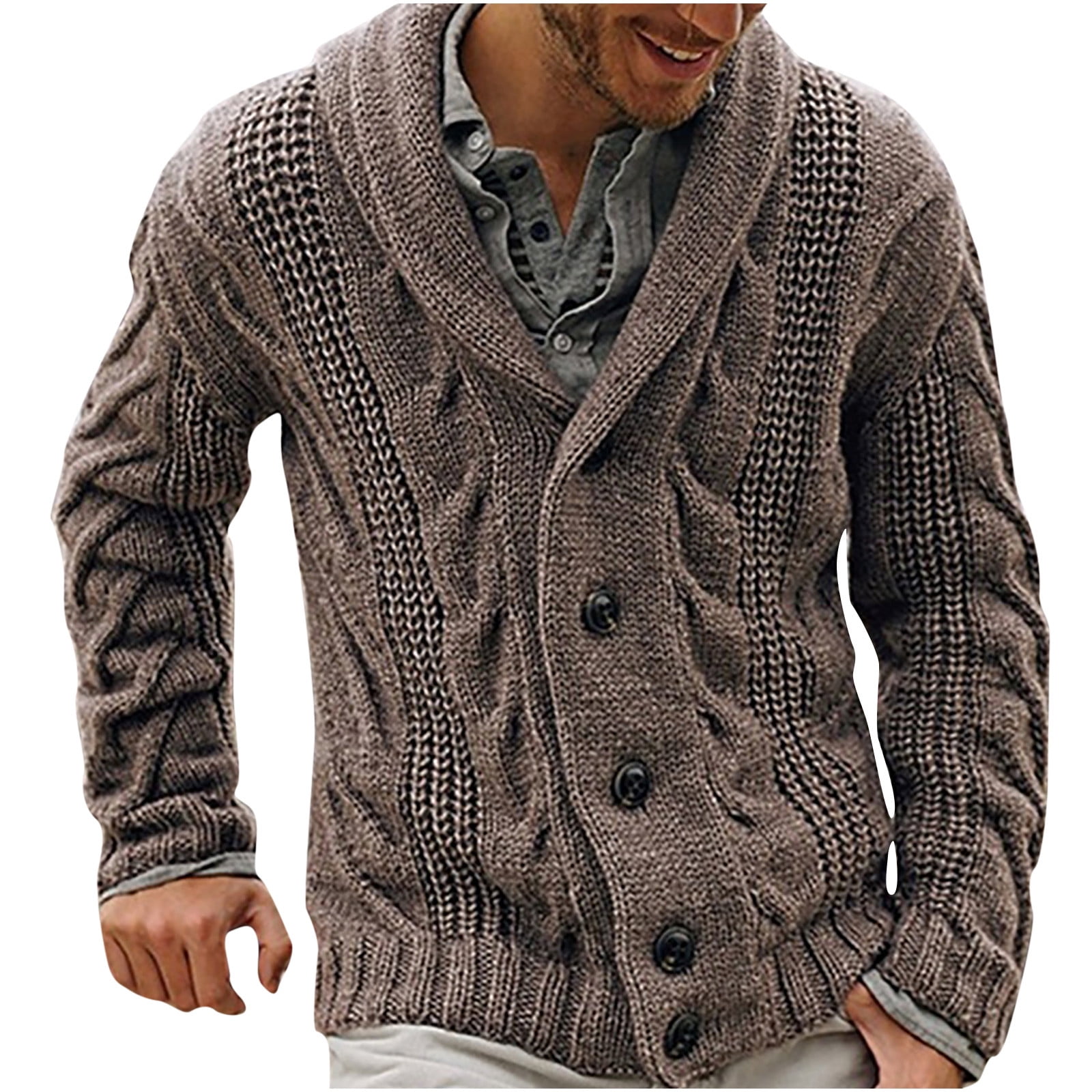OGLCCG Mens Cable Knit Cardigan Sweater Shawl Collar Long Sleeve Button ...