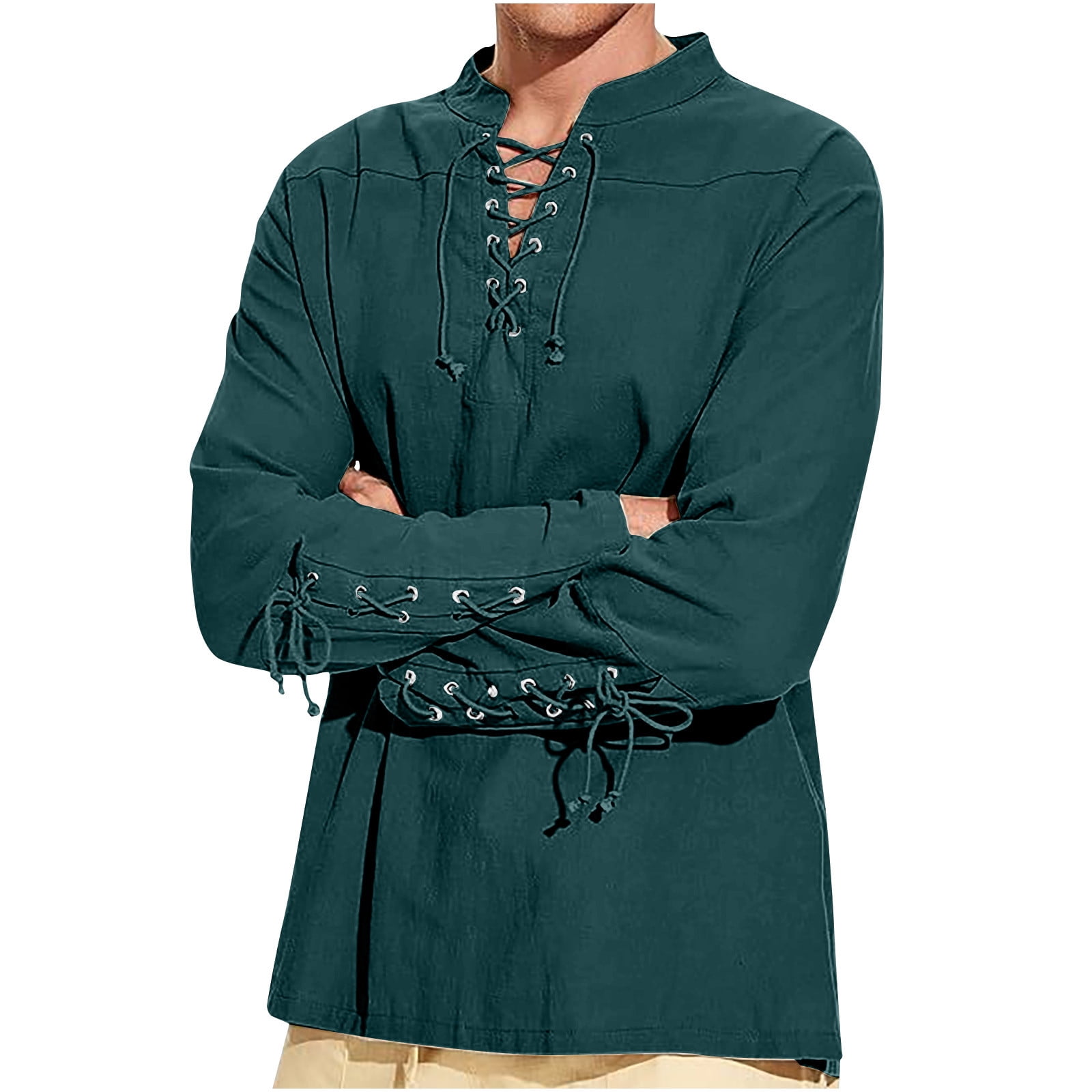 OGLCCG Mens Cotton Linen Shirts Lace Up Long Sleeve Henley Pirate Shirt Casual V Neck for Beach ...