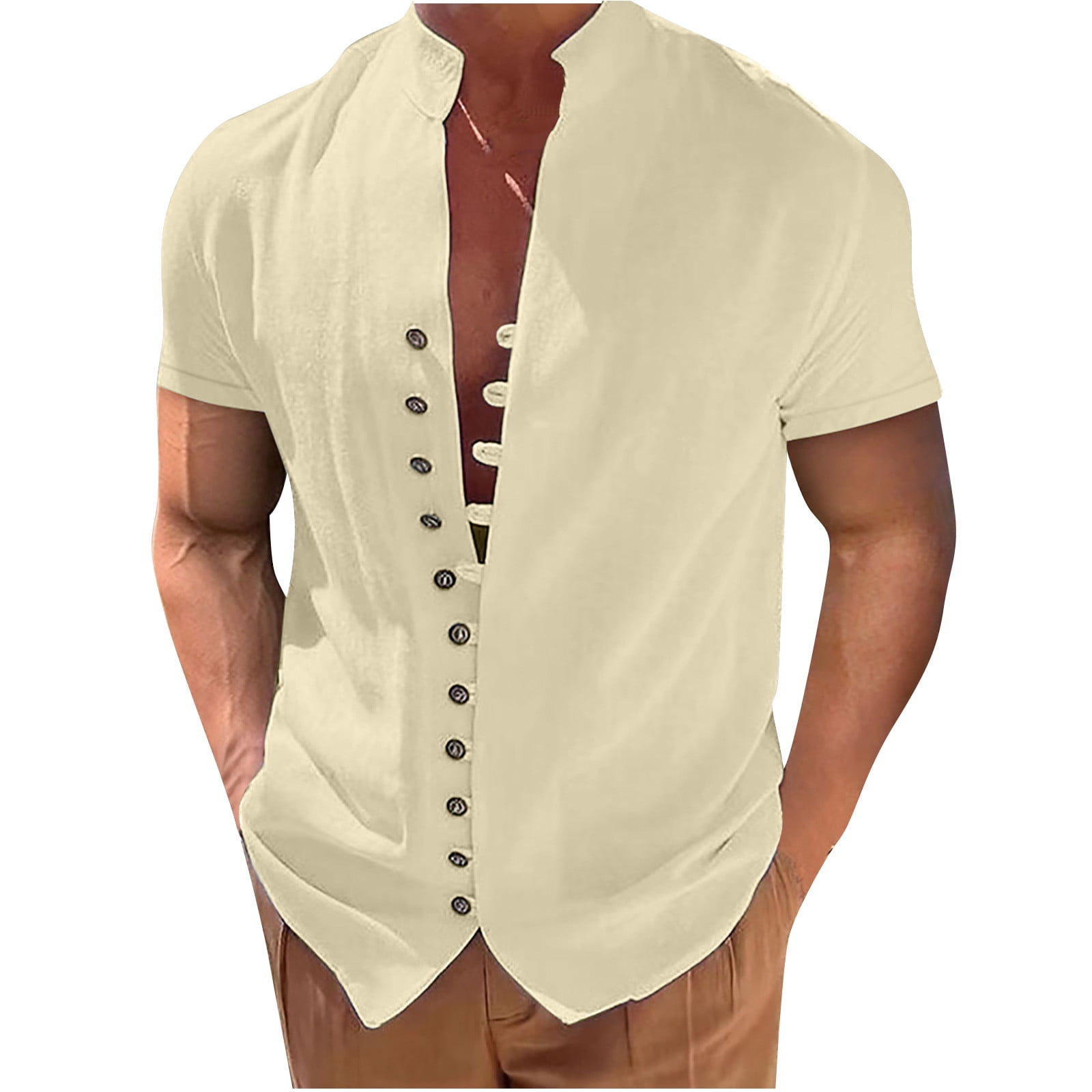 OGLCCG Mens Linen Shirts Short Sleeve Button Down Shirts Casual Stand Collar Summer Beach Hippie ...