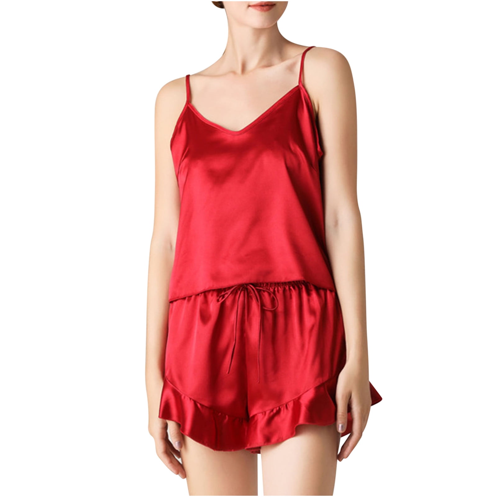 OGLCCG Women's 2 Piece Silk Satin Pajamas Sets V Neck Sleeveless Cami ...