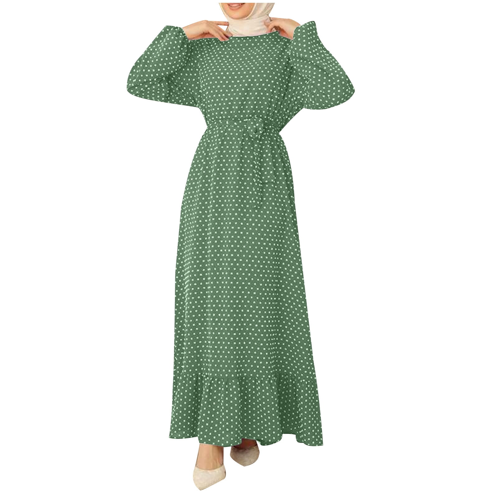 OGLCCG Women's Kaftan Abaya Dress Muslim Long Sleeve Waist Tie Flowy ...