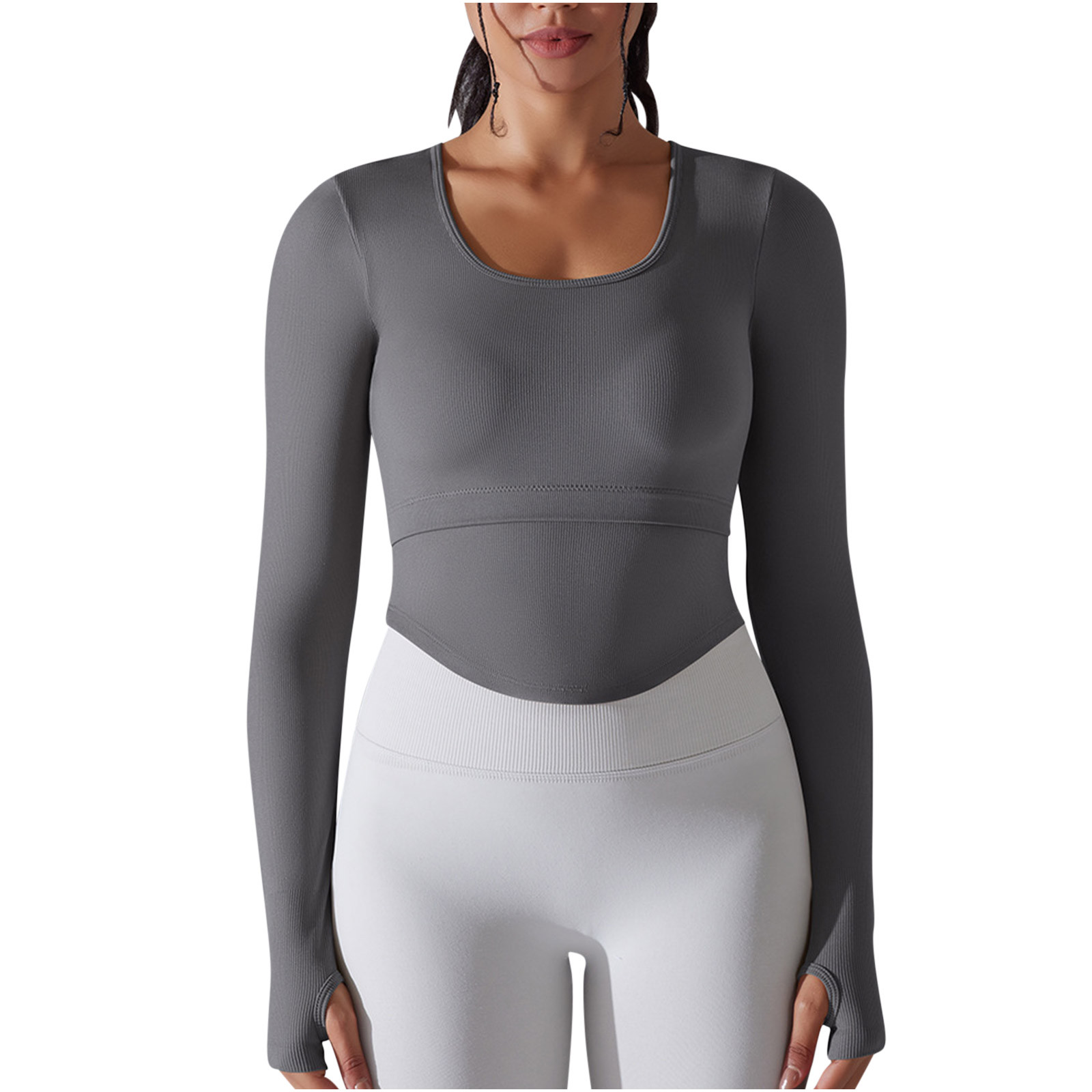 OGLCCG Women's Long Sleeves Workout Crop Tops Bulit-in Bra Casual Slim ...