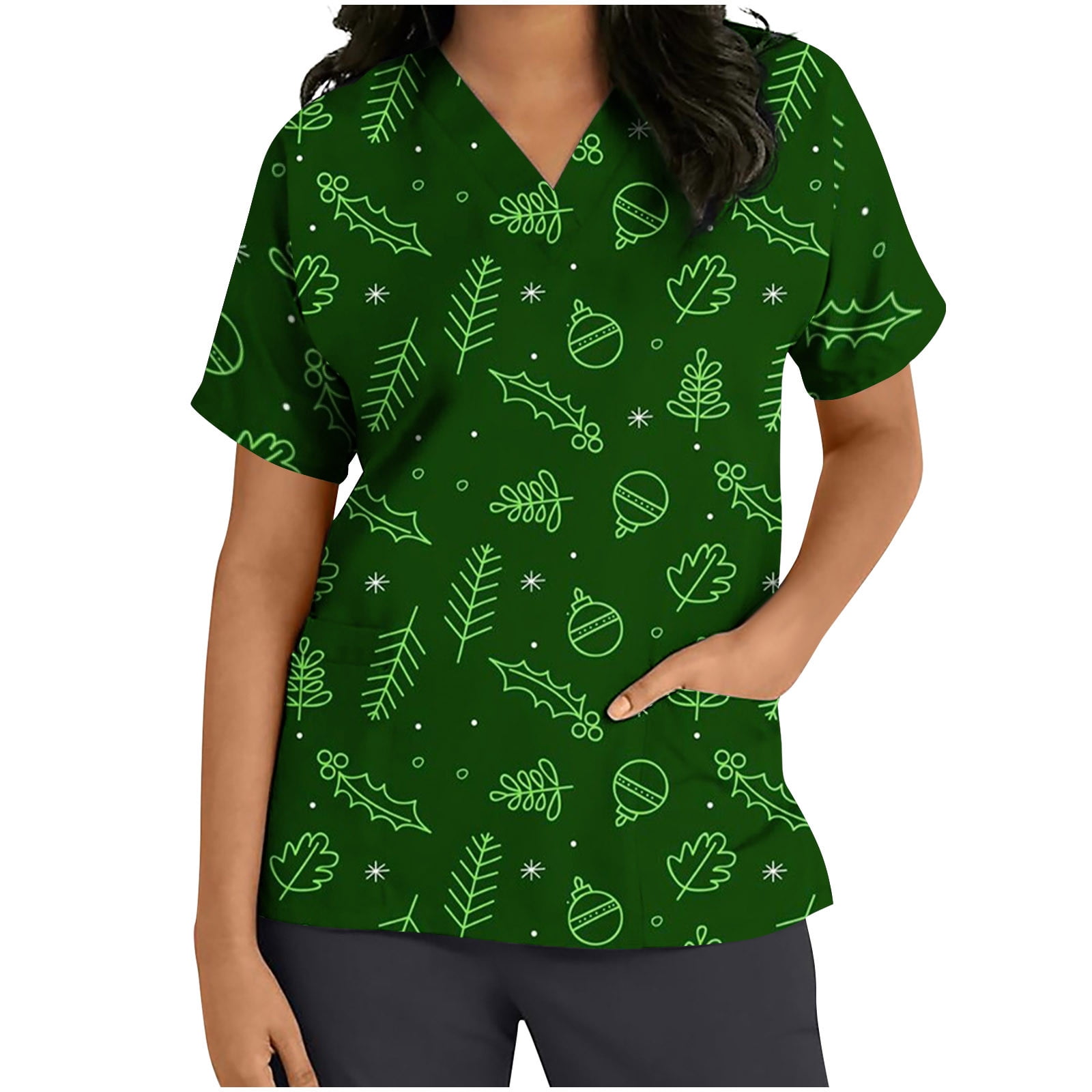 Oglccg Womens Medical Nursing Holiday Print Scrub Tops Classic Fit V Neck Short Sleeve Working