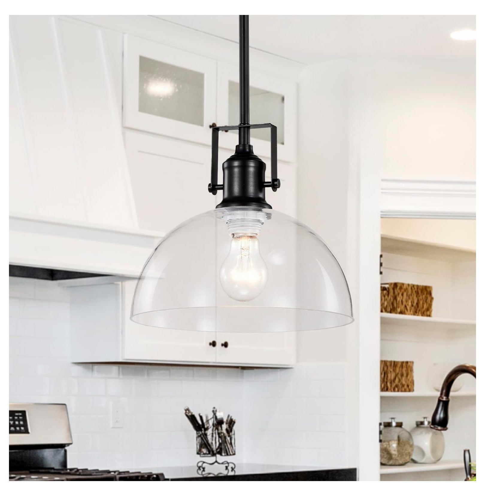 OHHA 1-Light Kitchen Pendant Light with Handblown Clear Glass Shade ...