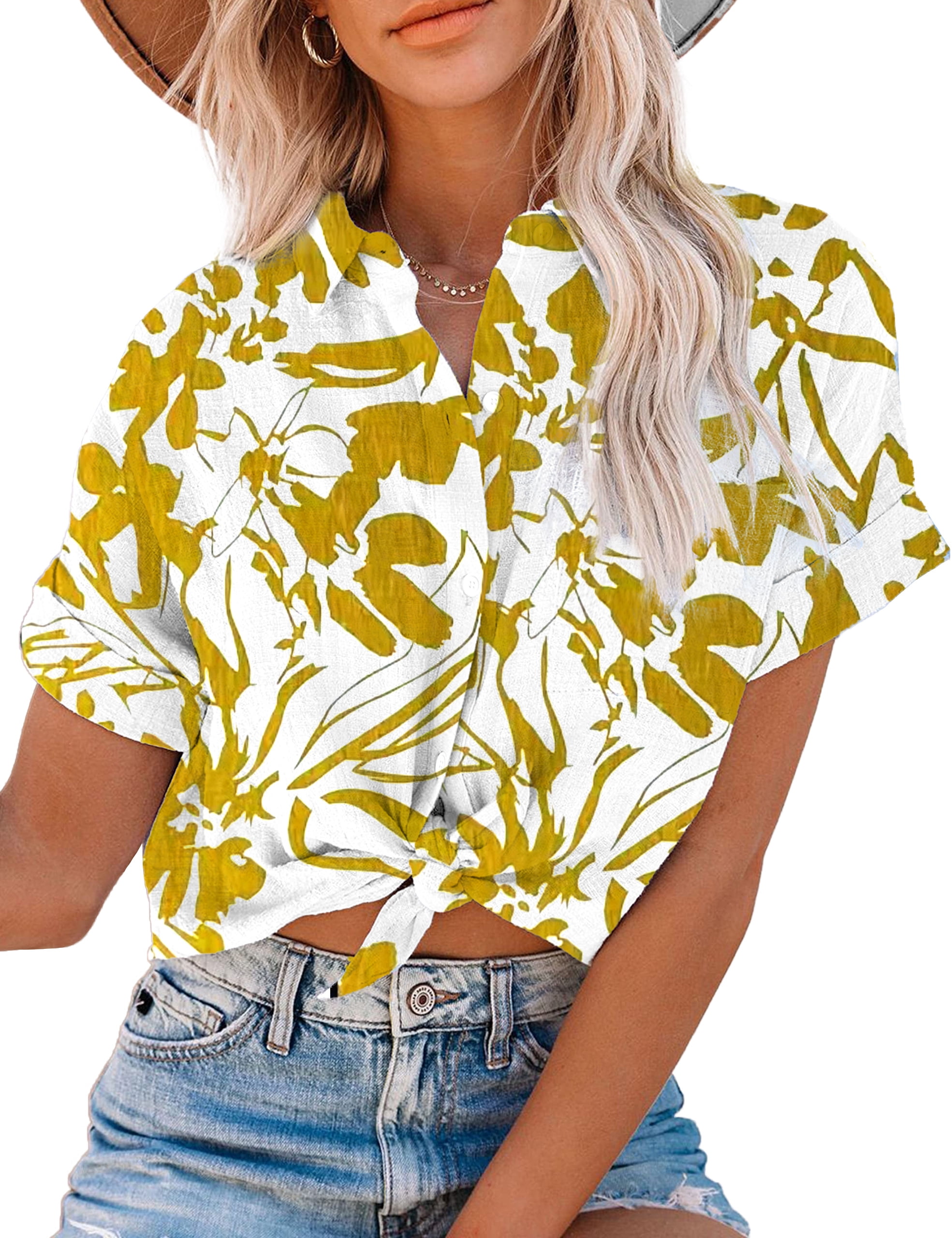 OHHSHEEN Chic Women's Button Down Shirts Linen Blouse with Collar ...