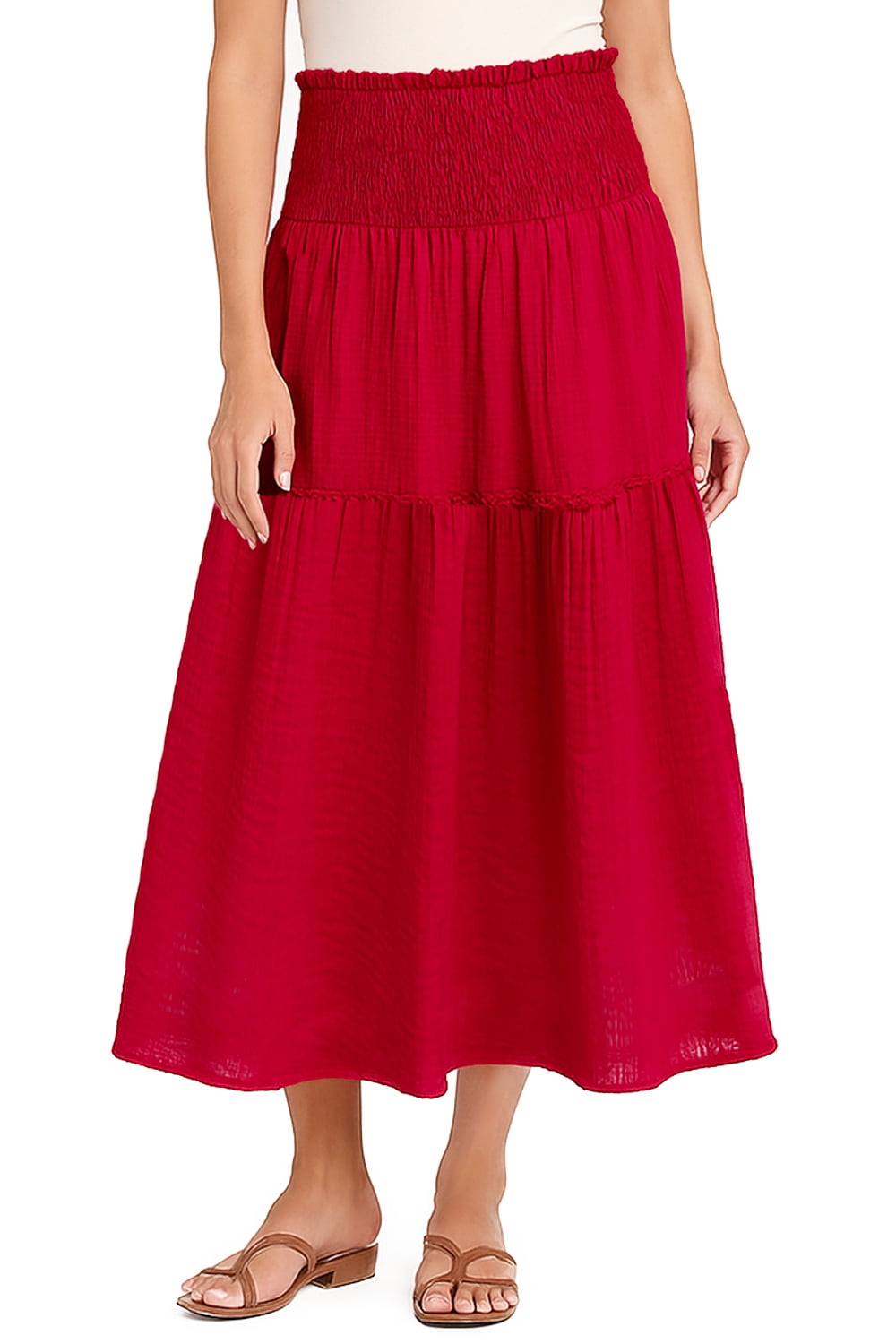 OHHSHEEN Women’s Red Maxi Skirt with Smocked Waist – Tiered Ankle ...