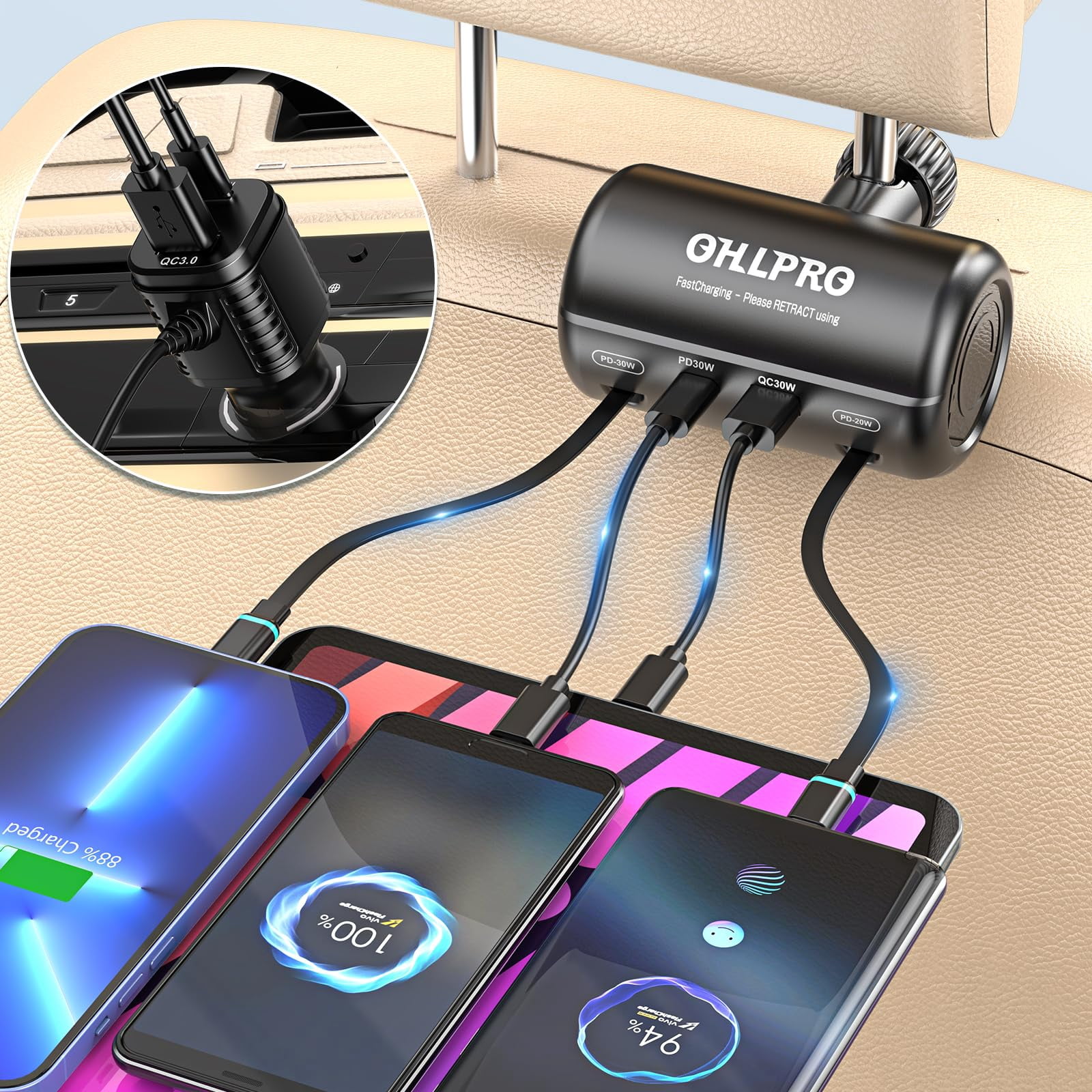 OHLPRO 4-in-1 Multi-Car Retractable Backseat Charging Station with 2 ...