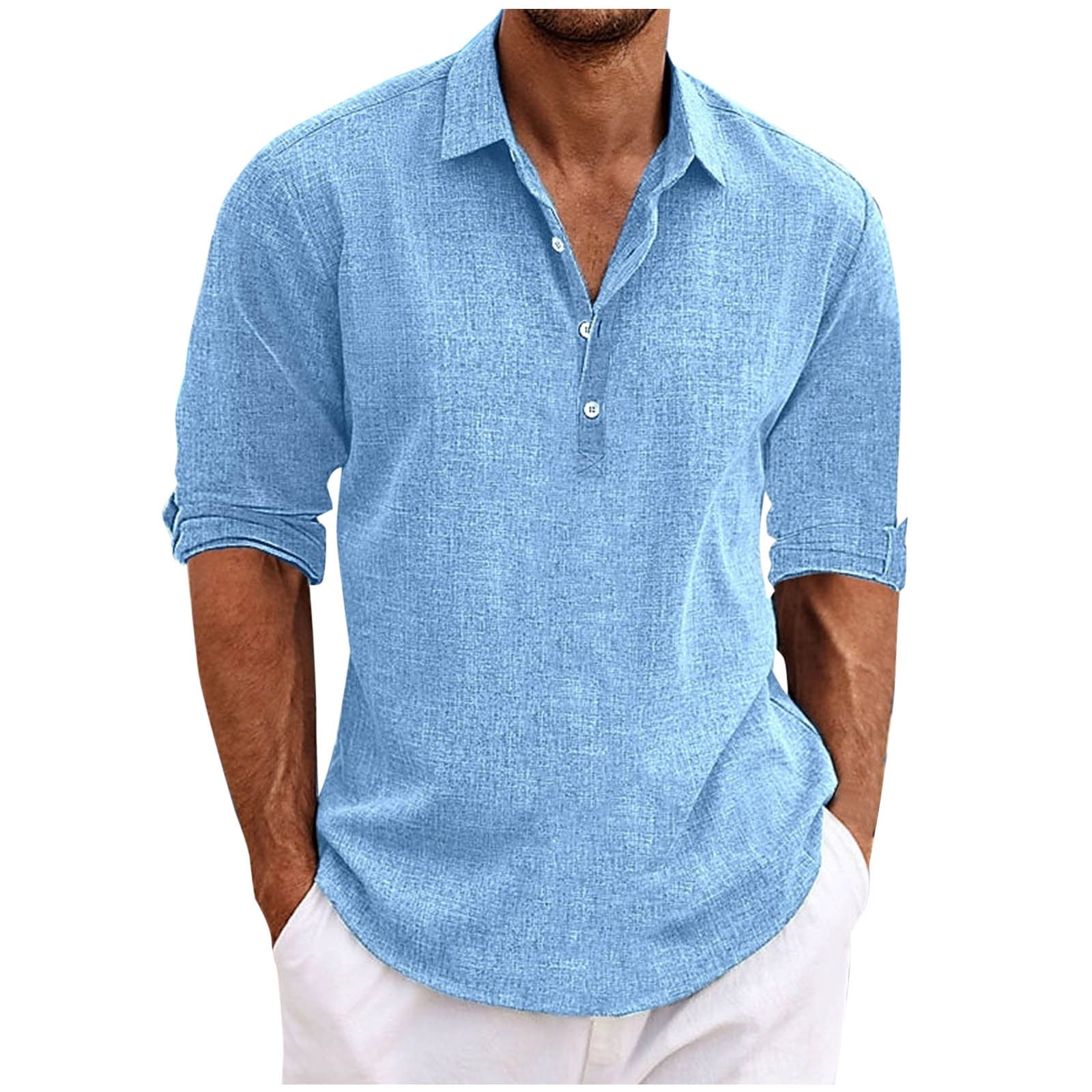 OHMZYZO Mens Cotton Linen Polo Shirts Long Roll Up Sleeve Button Down ...