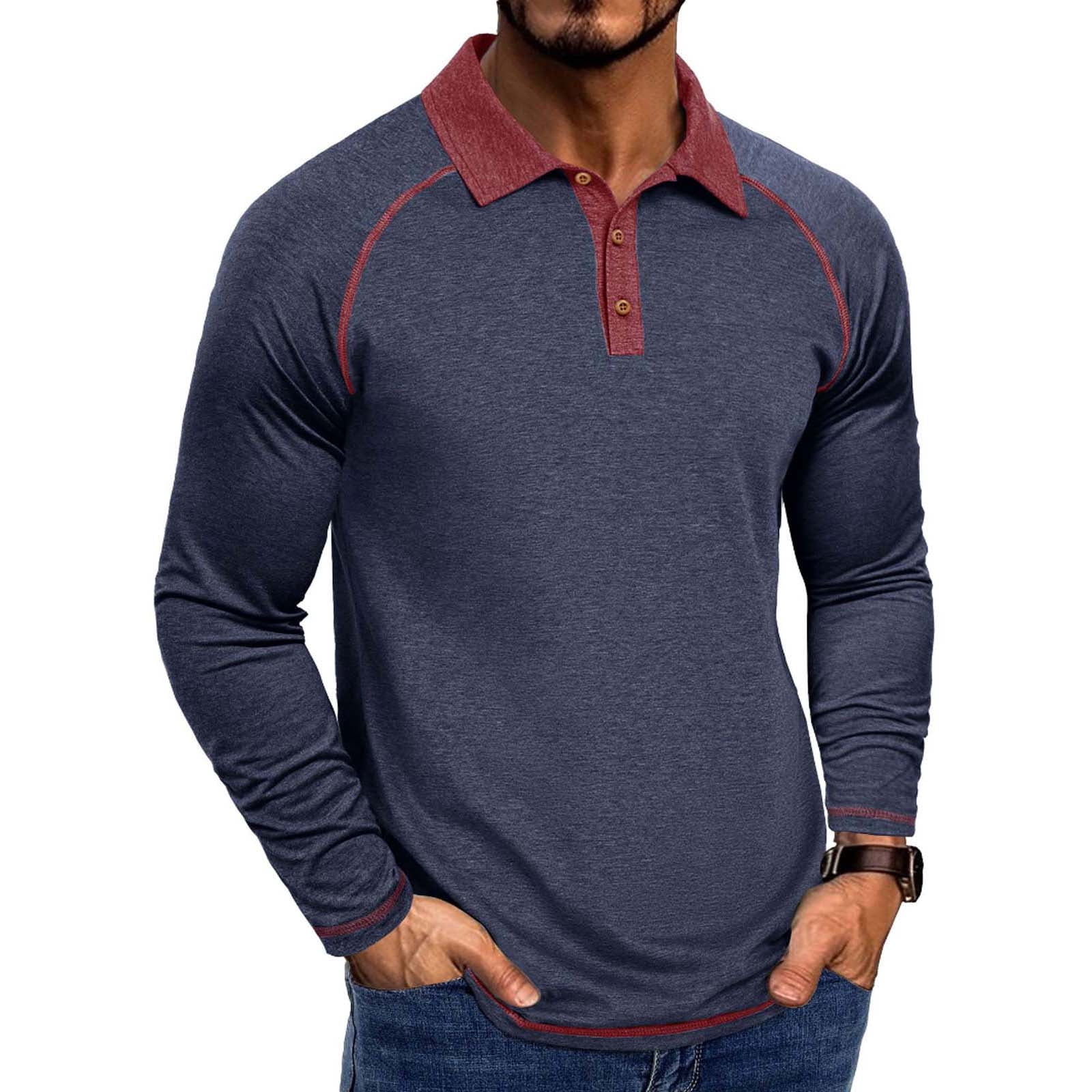 OHMZYZO Mens Cotton Polo Shirts Collared Long Sleeve Color Block Golf ...