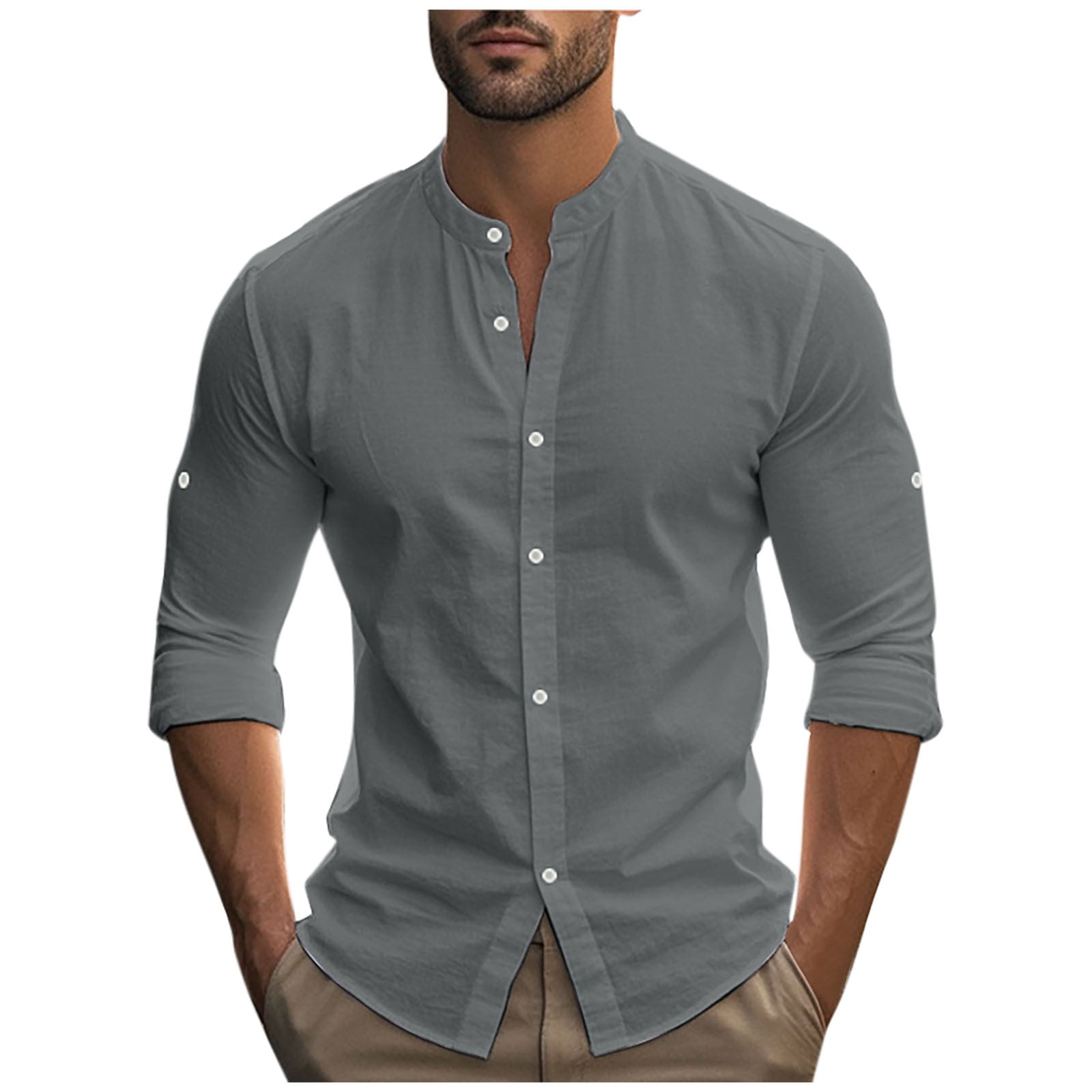 OHMZYZO Mens Long Sleeve Button Down Shirts Band Collar Cotton Linen Dress Shirts Casual Slim ...