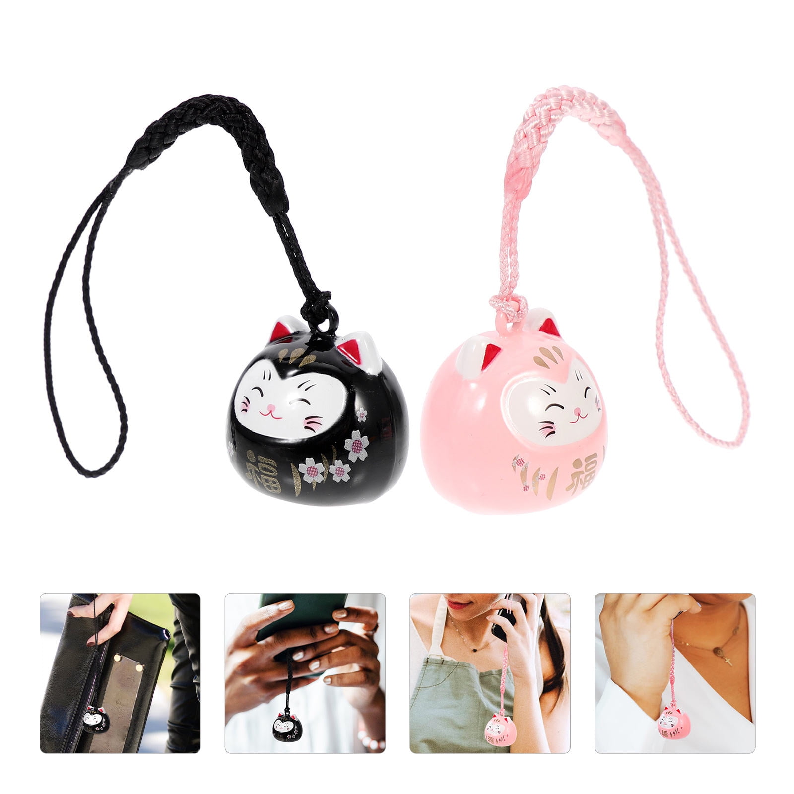 OHOIOLLA 2Pcs Pink Fortune Cat Bell Pendants Brass Kawaii Bell Charms Garden Hanging Outdoor ...