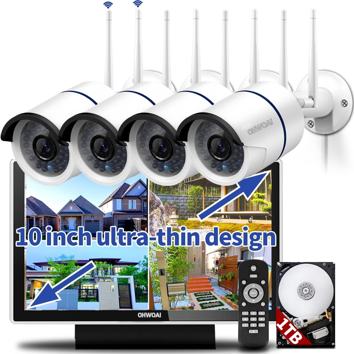 OHWOAI Wireless Security Camera System Outdoor with Monitor,2 Antenna ...