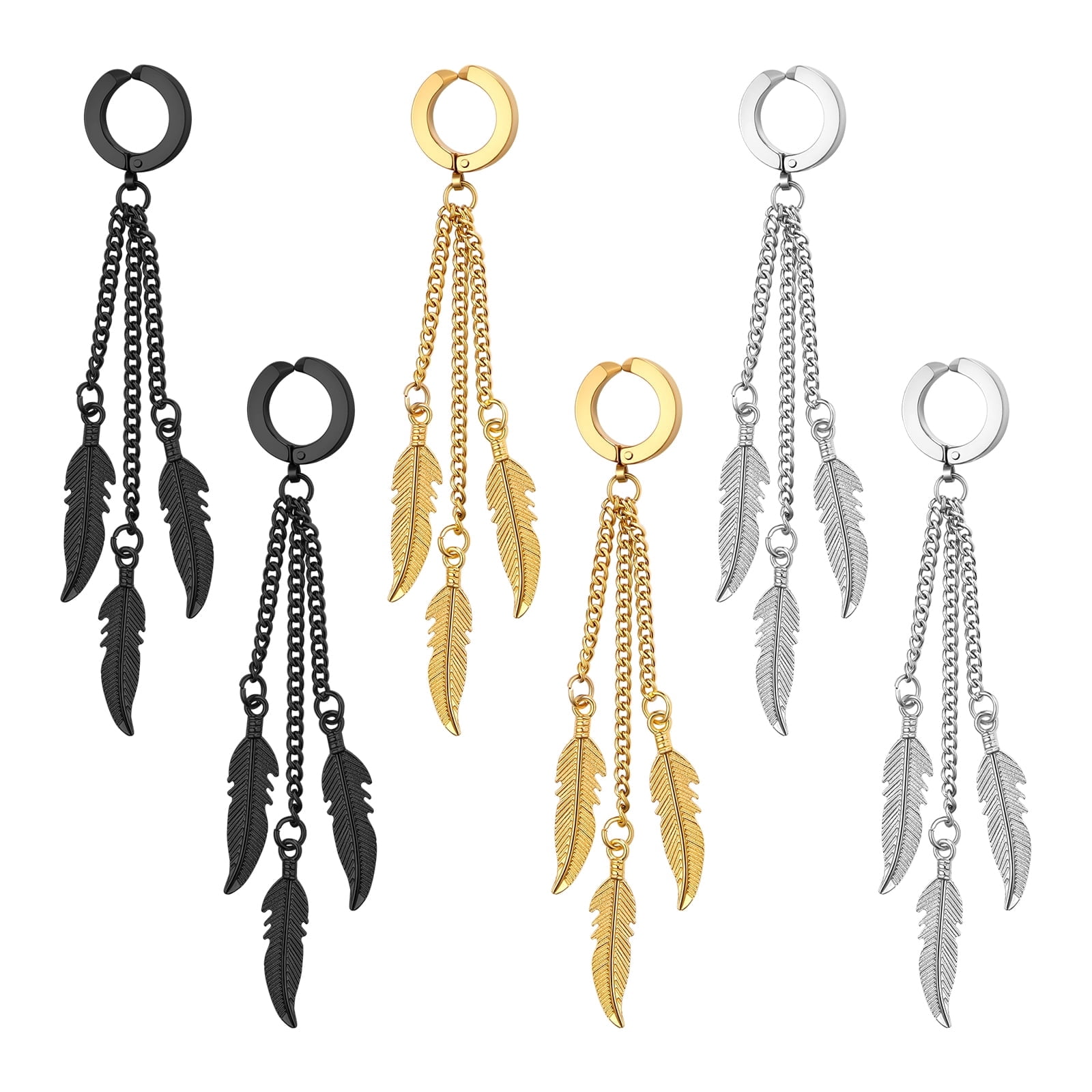 OIDEA 3 Pairs Gothic Clip-On Stainless Steel Feather Leaf Dangle Hoops ...