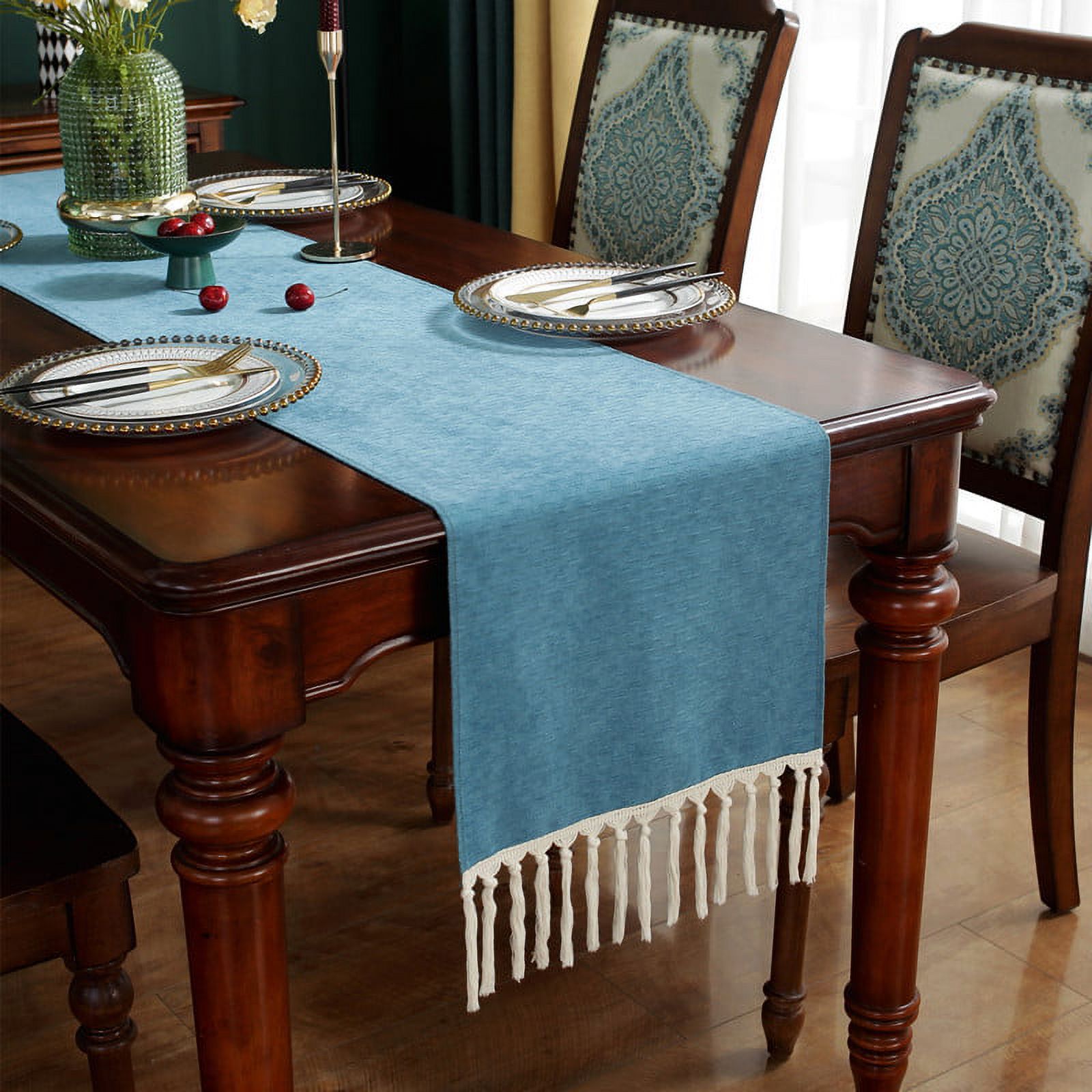 OIENS Solid Color Tassels Table Runner – Natural Polyester Fabric ...