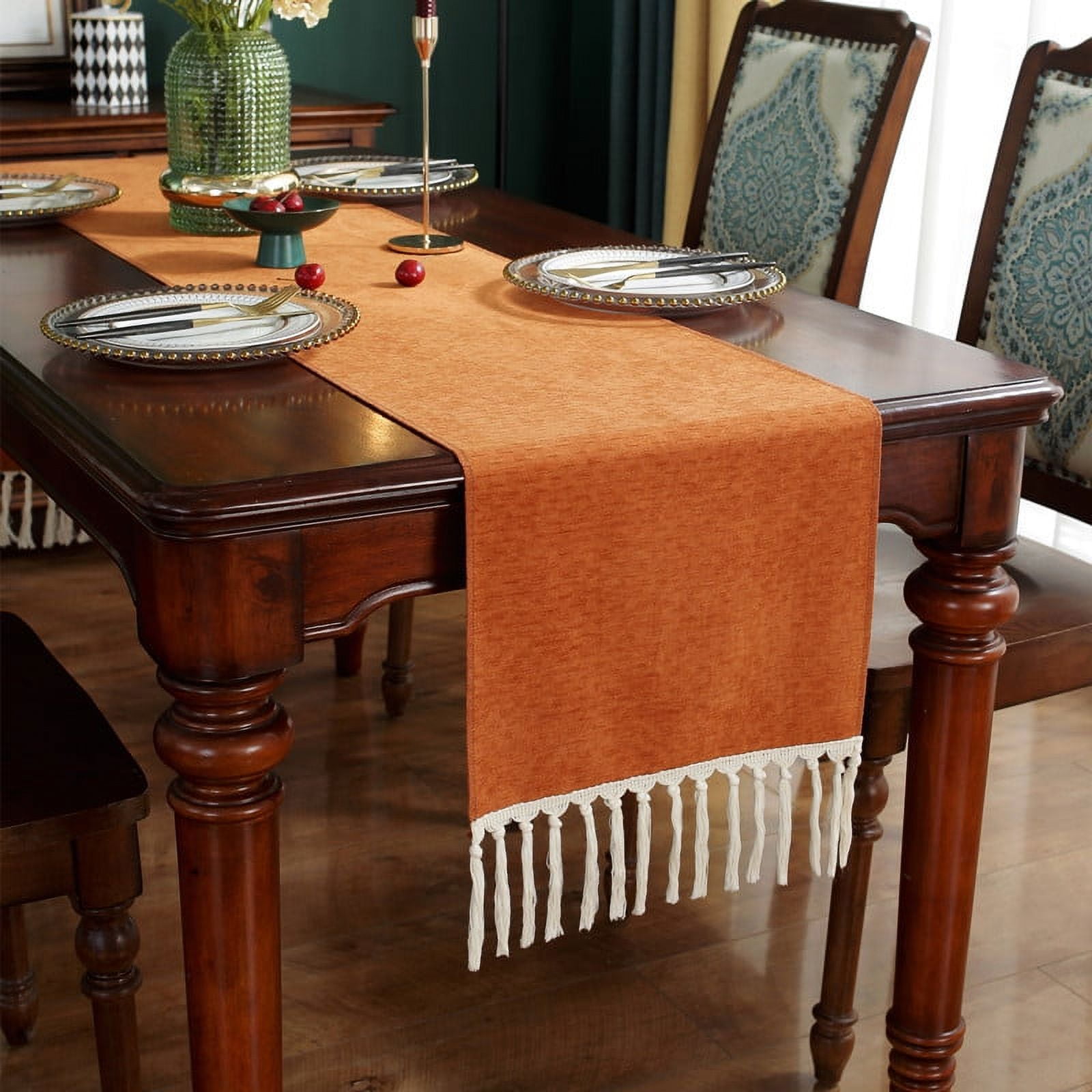 OIENS Solid Color Tassels Table Runner – Natural Polyester Fabric ...