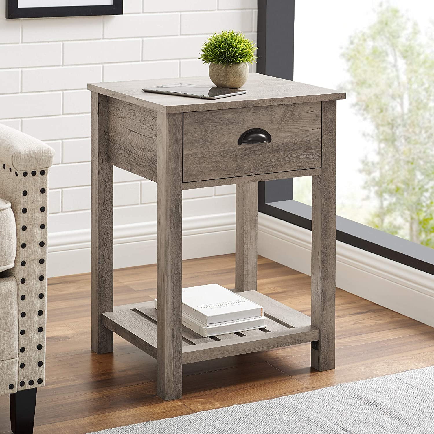OIKMOINB 18 Inch Farmhouse 1 Drawer Side Table with Grey Wash Finish ...