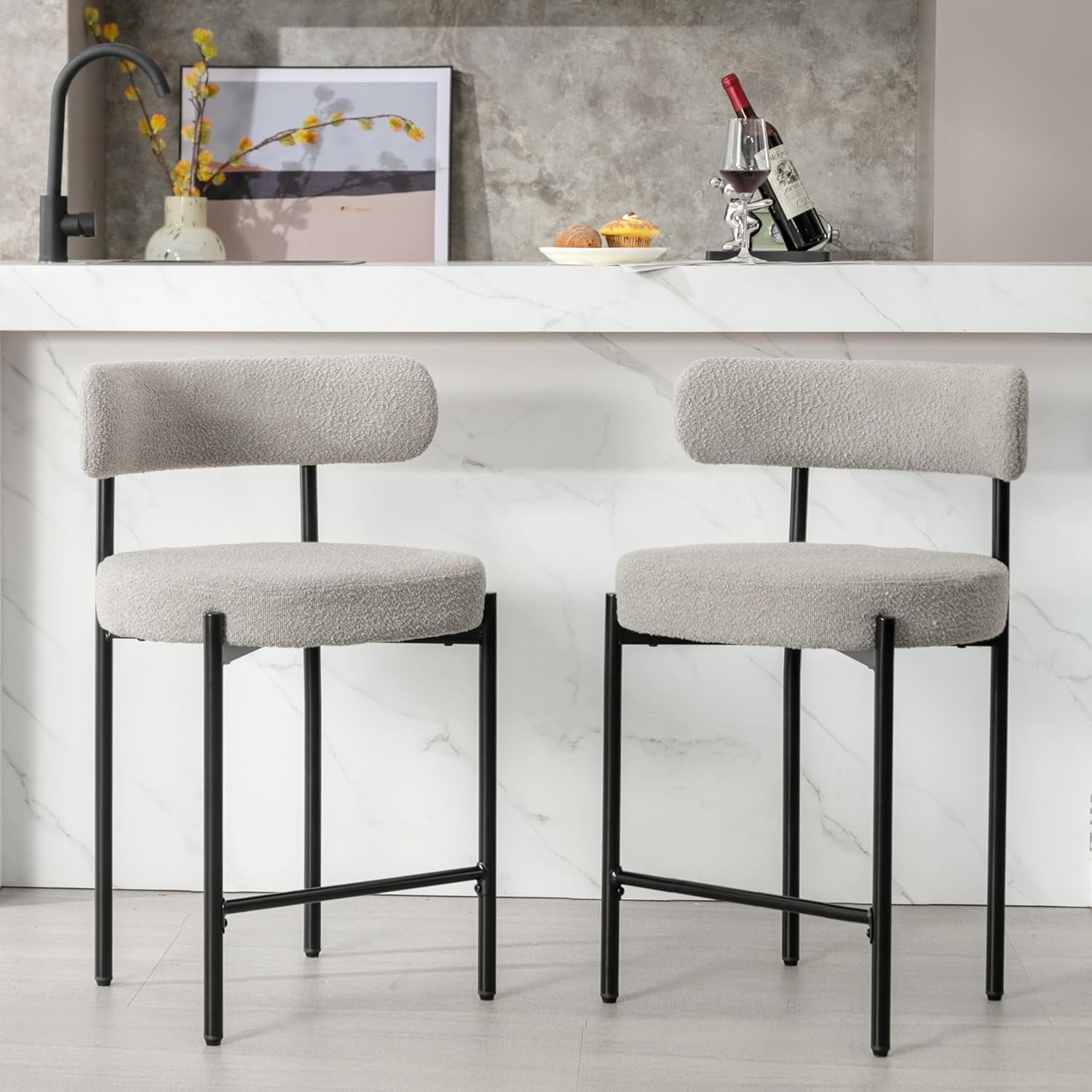 OIKMOINB 24'' Boucle Counter Stools Black Bar Stools with Backs Counter ...