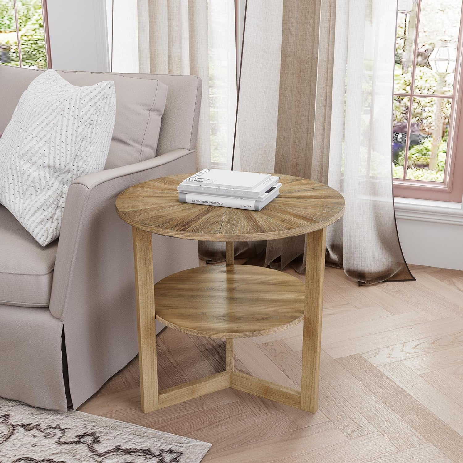 OIKMOINB 25" Round Wood End Table 2-Tier Solid Wood Rounded Accent Side ...