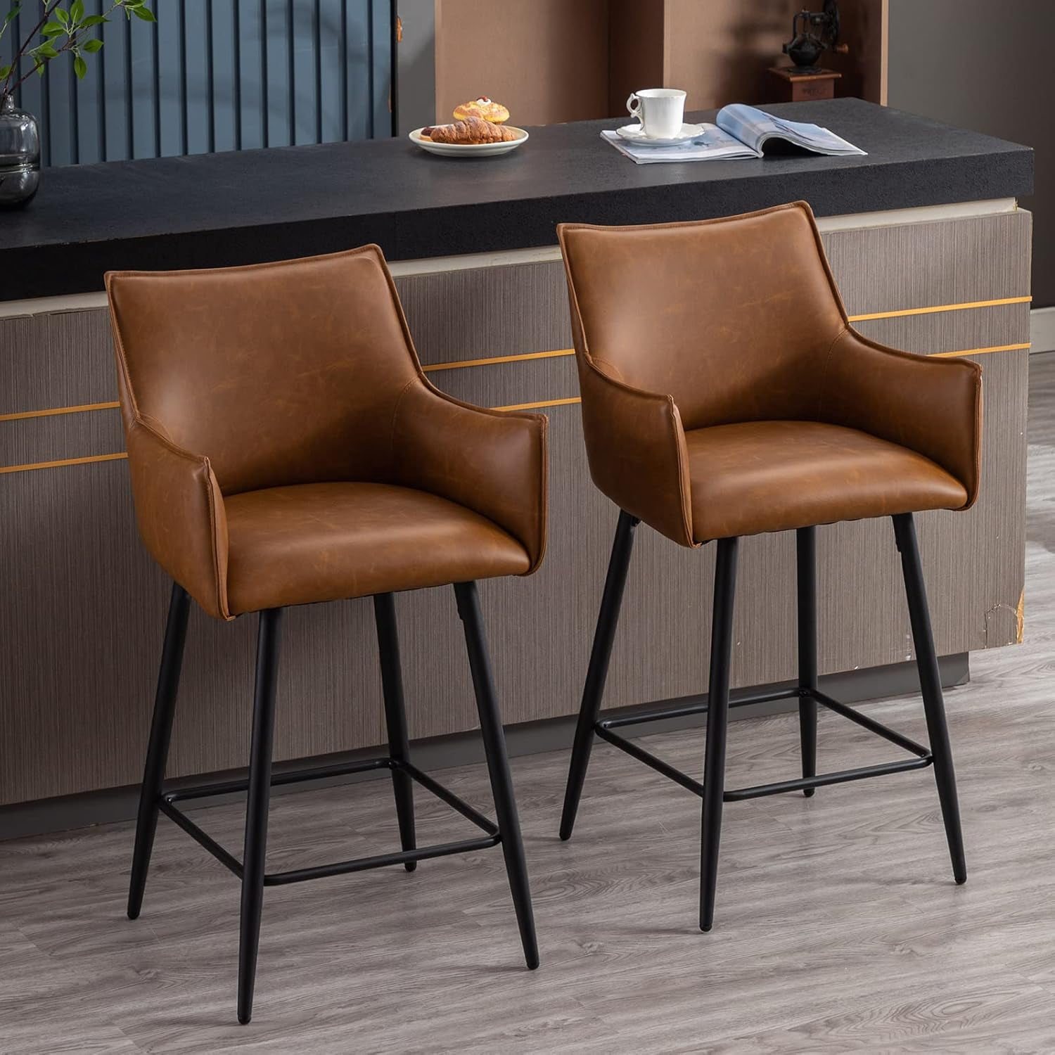 OIKMOINB 26" Counter Height Bar Stools Set of 2 Leather Barstools with ...