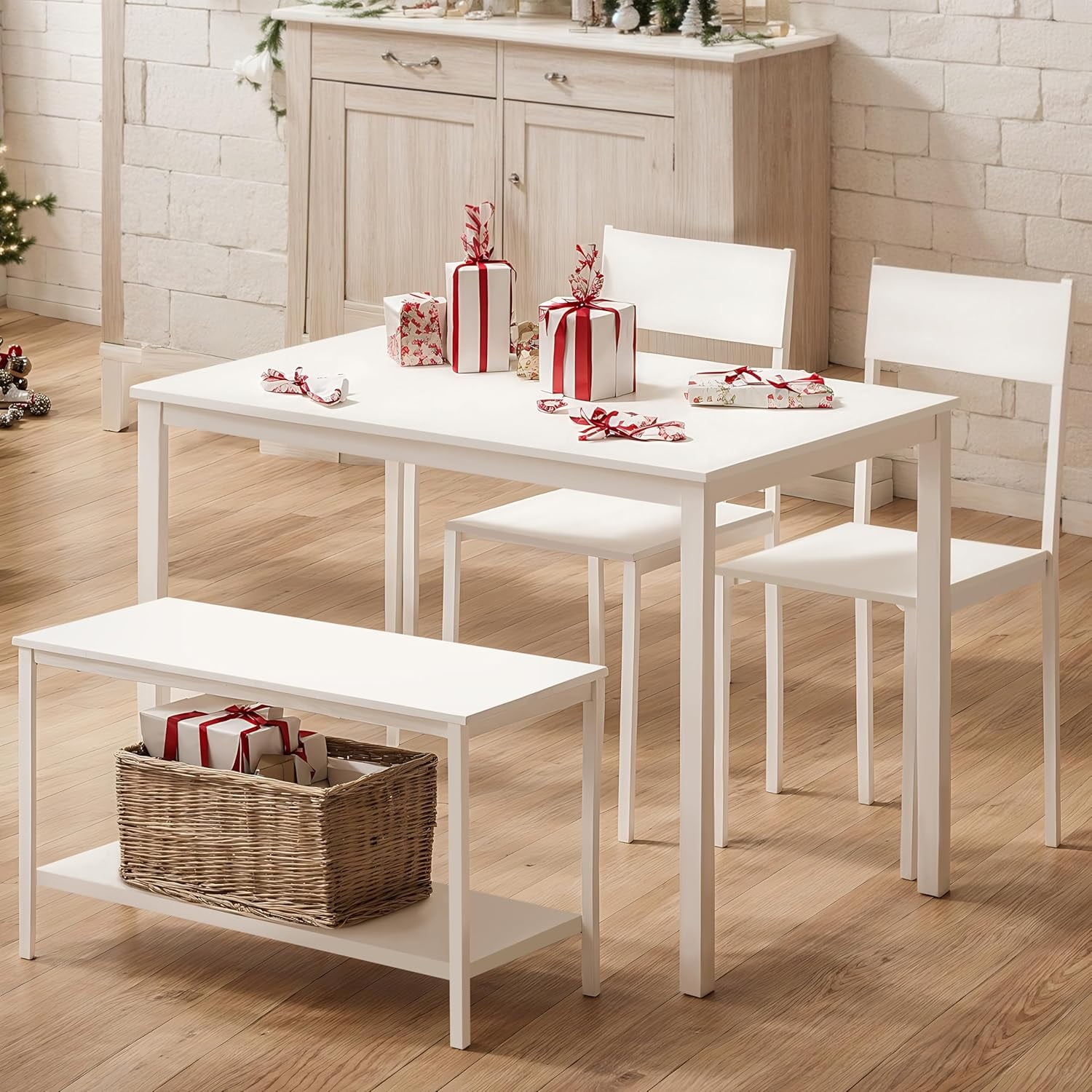 OIKMOINB 4-Piece Bench Style Dining Table Set 4-Person Space-Saving ...