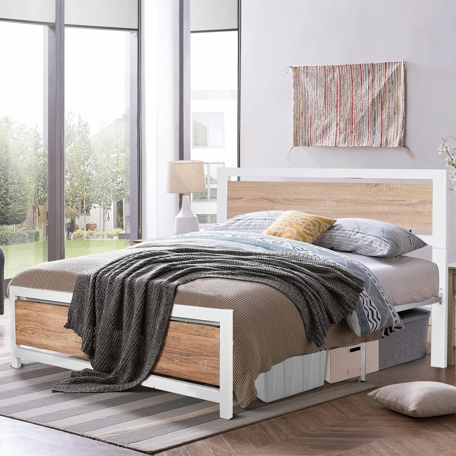OIKMOINB Bed Frame with Industrial Wooden Headboard and Footboard ...