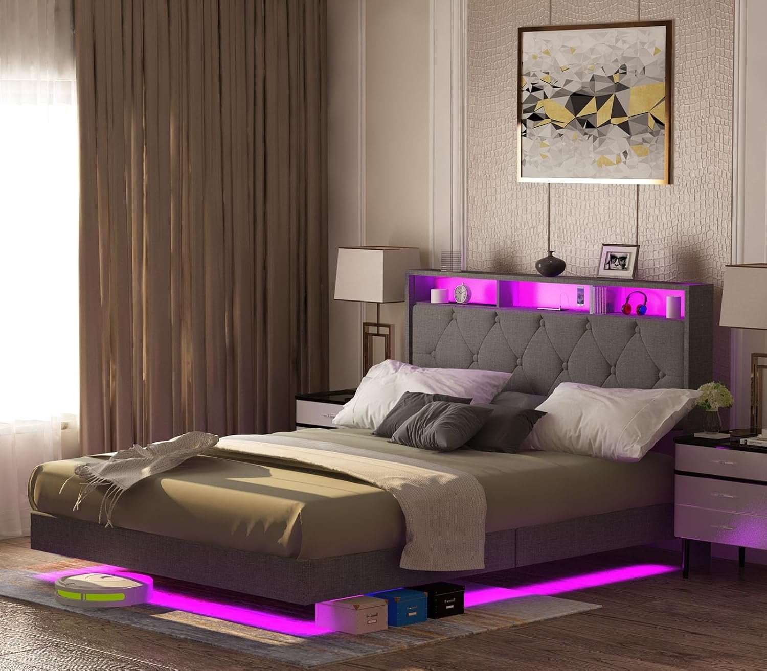 OIKMOINB Floating Bed Frame King Size with LED Lights & Charging ...