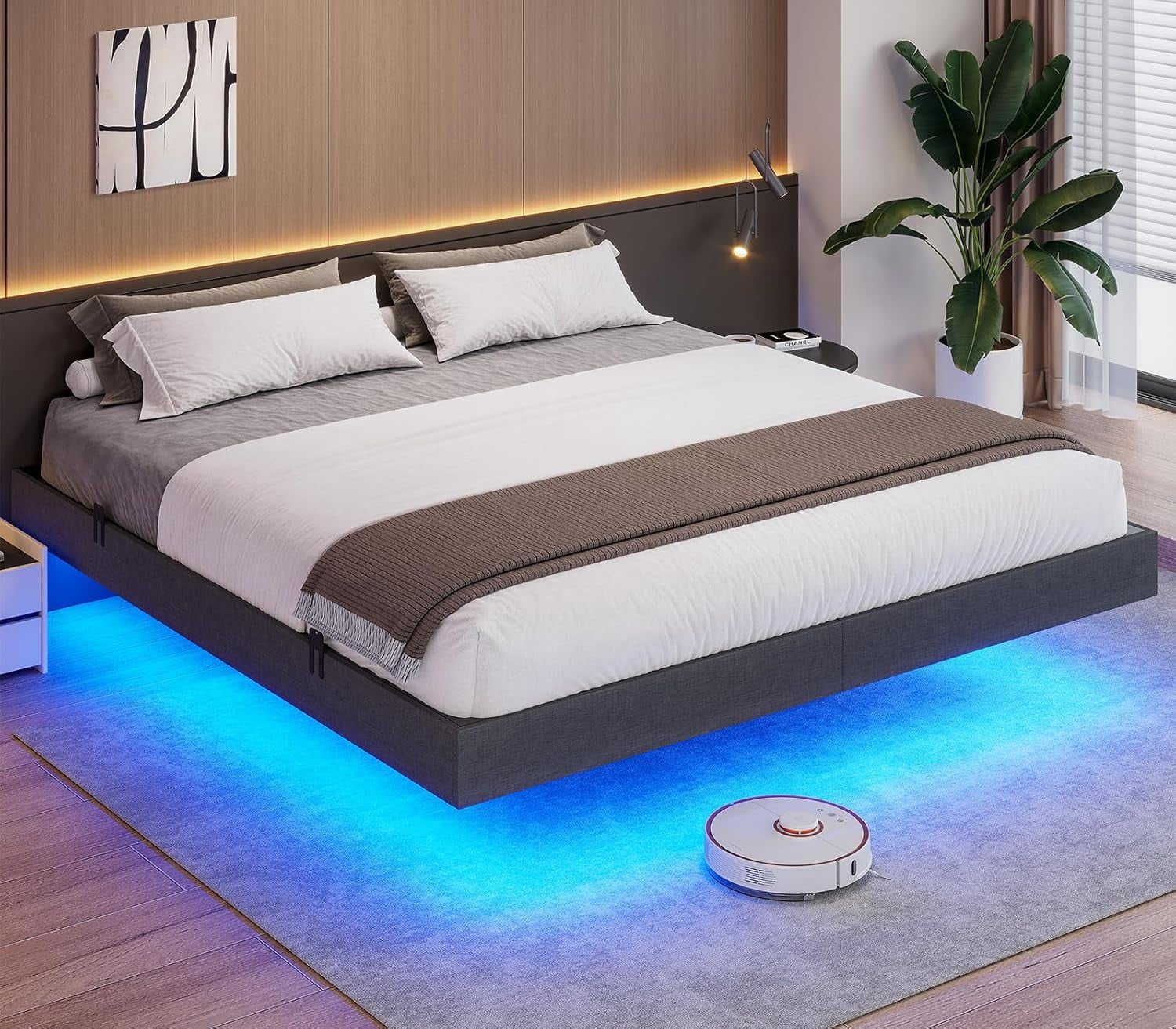 OIKMOINB Floating Bed Frame King Size with RGB LED Lights Metal King ...