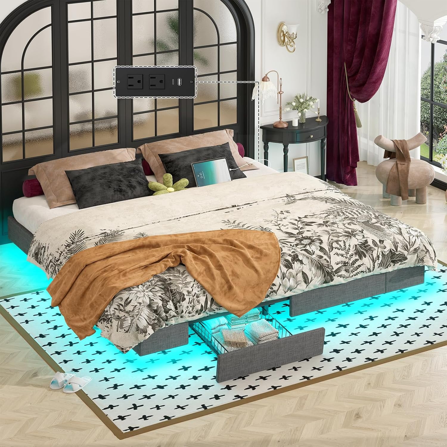 OIKMOINB Floating Queen Size Bed Frame with Storage Drawers & LED ...