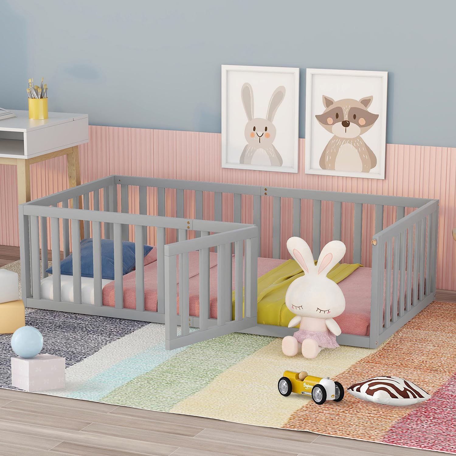 OIKMOINB Full Floor Bed Solid Wood Montessori Bed Frame with Door ...