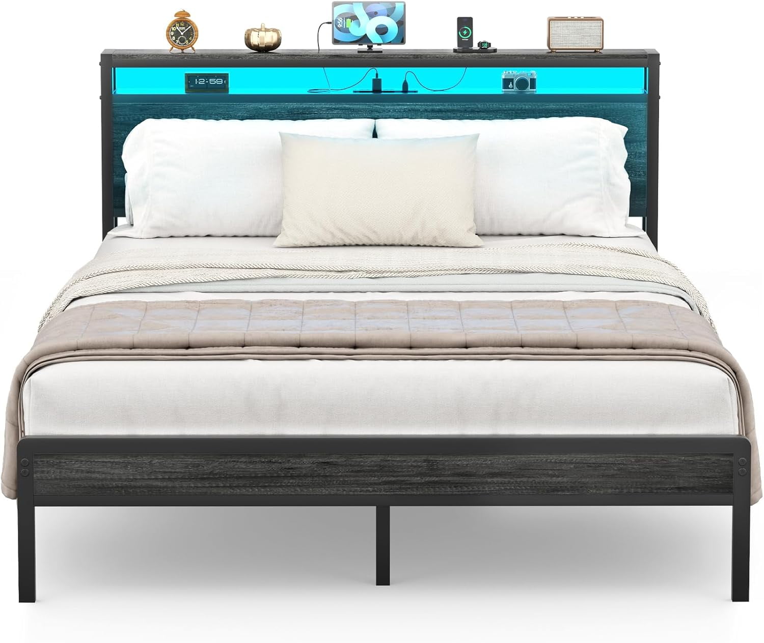 OIKMOINB Full Size Bed Frame with Charging Station and Led Lights ...