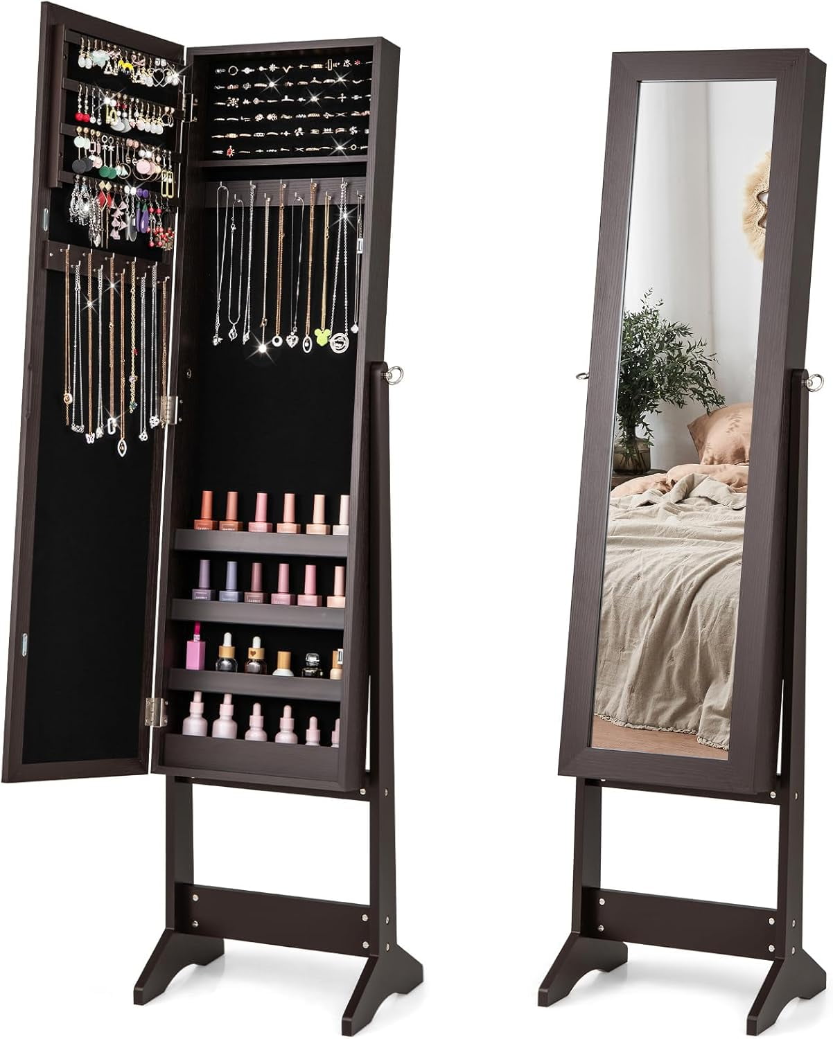 OIKMOINB Jewelry Armoire Cabinet Standing Jewelry Organizer with Full-Length Mirror & 3 ...