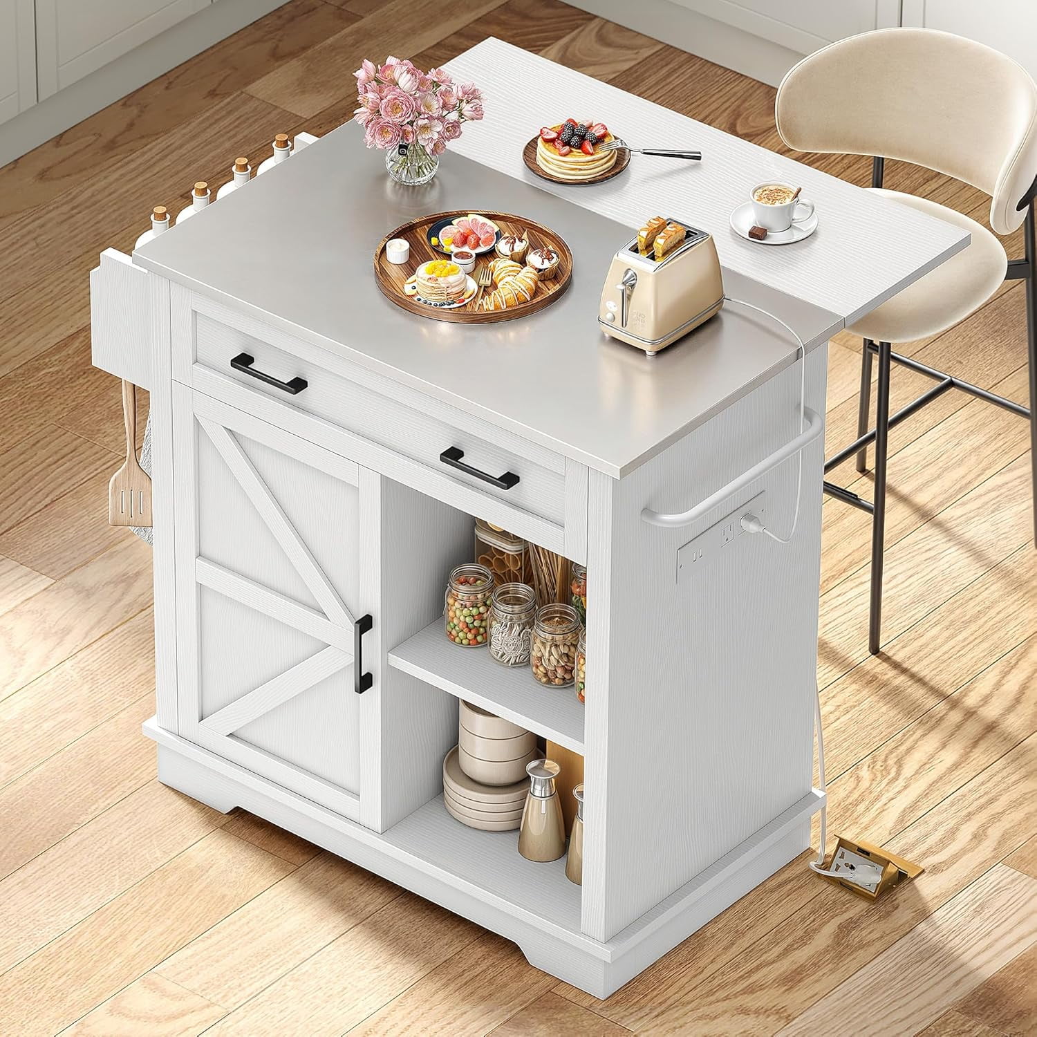 OIKMOINB Kitchen Island with Stainless Steel Top & Drop Leaf 42 Inch ...