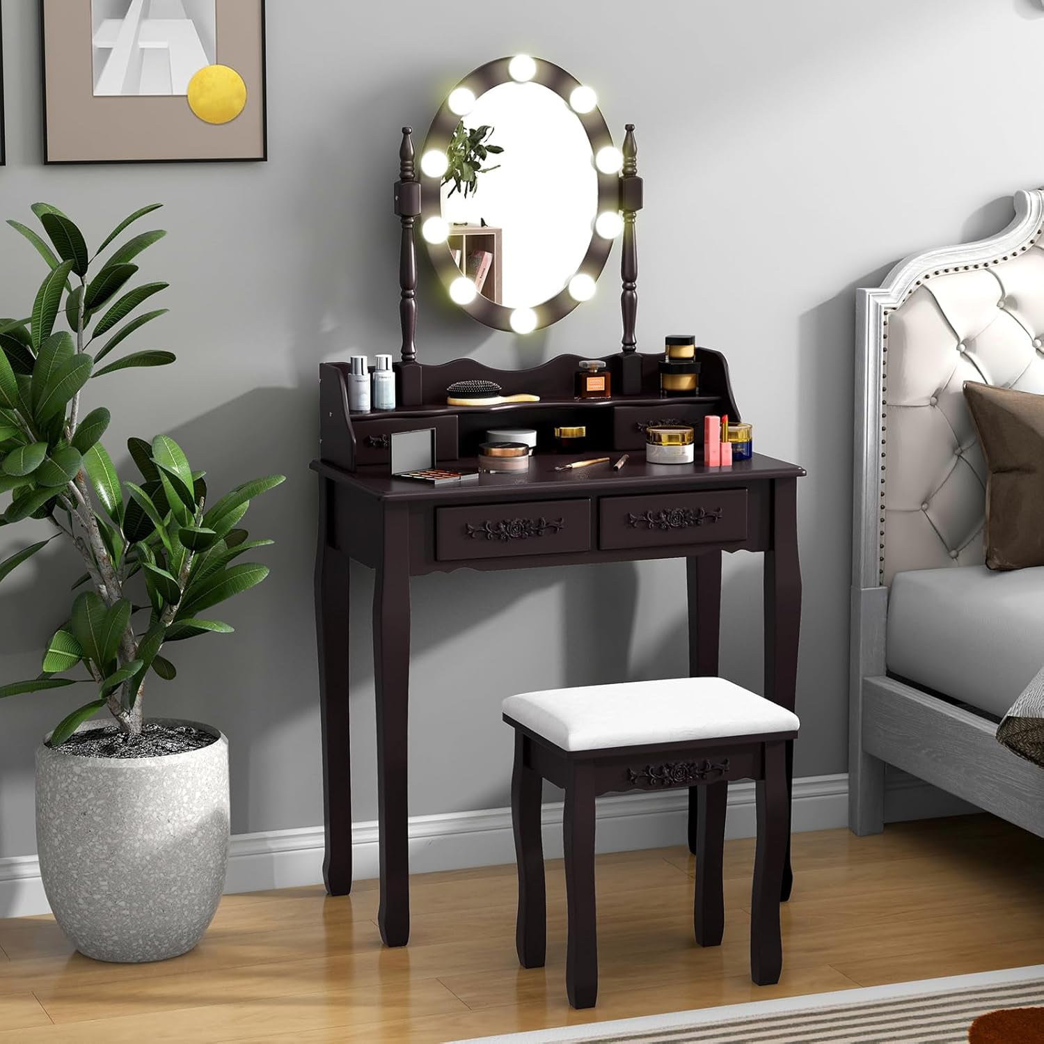 OIKMOINB Makeup Vanity Desk with Lighted Mirror 3 Color Lighting Modes ...