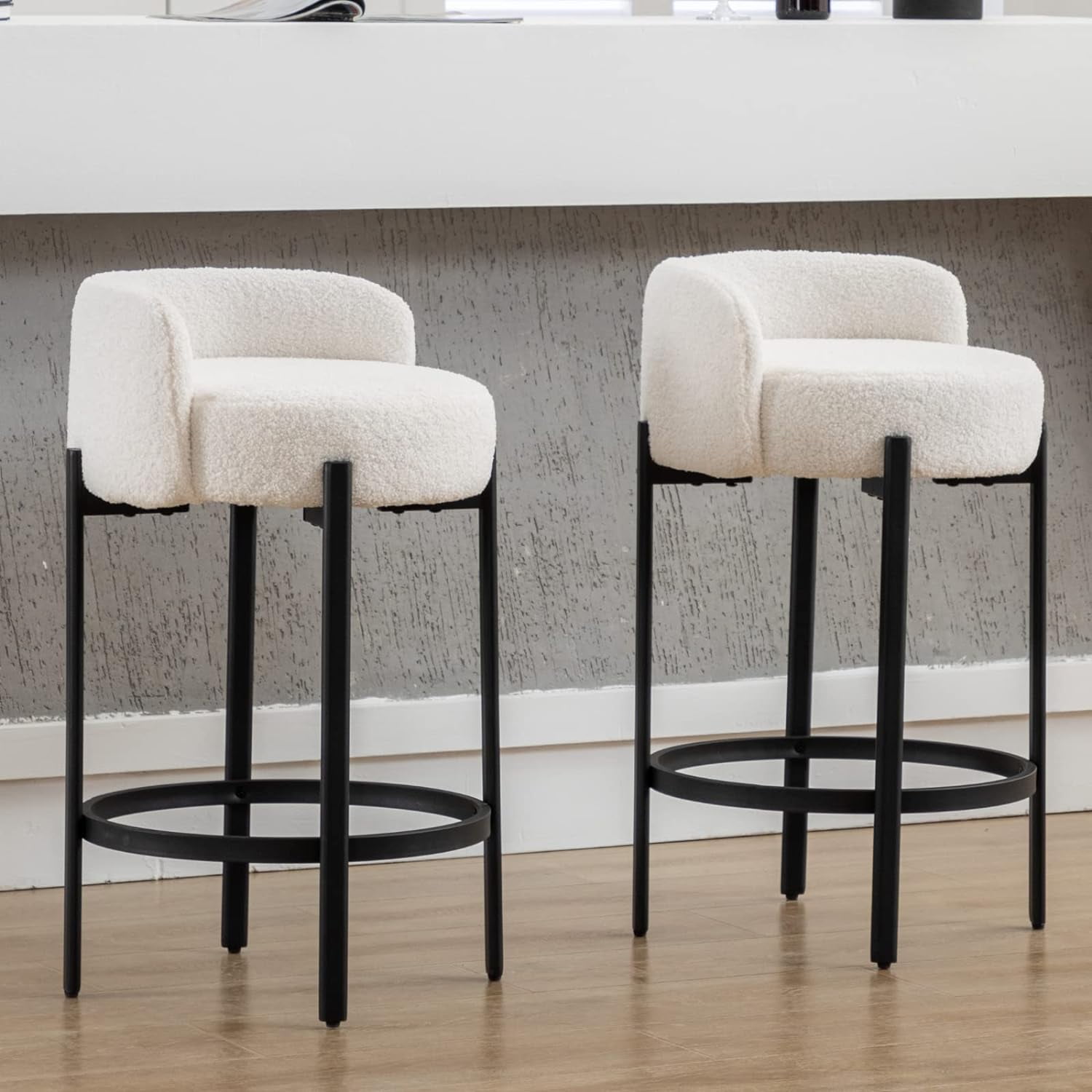 OIKMOINB Modern Bar stools Set of 2 26 Inch Sherpa Fabric Counter ...