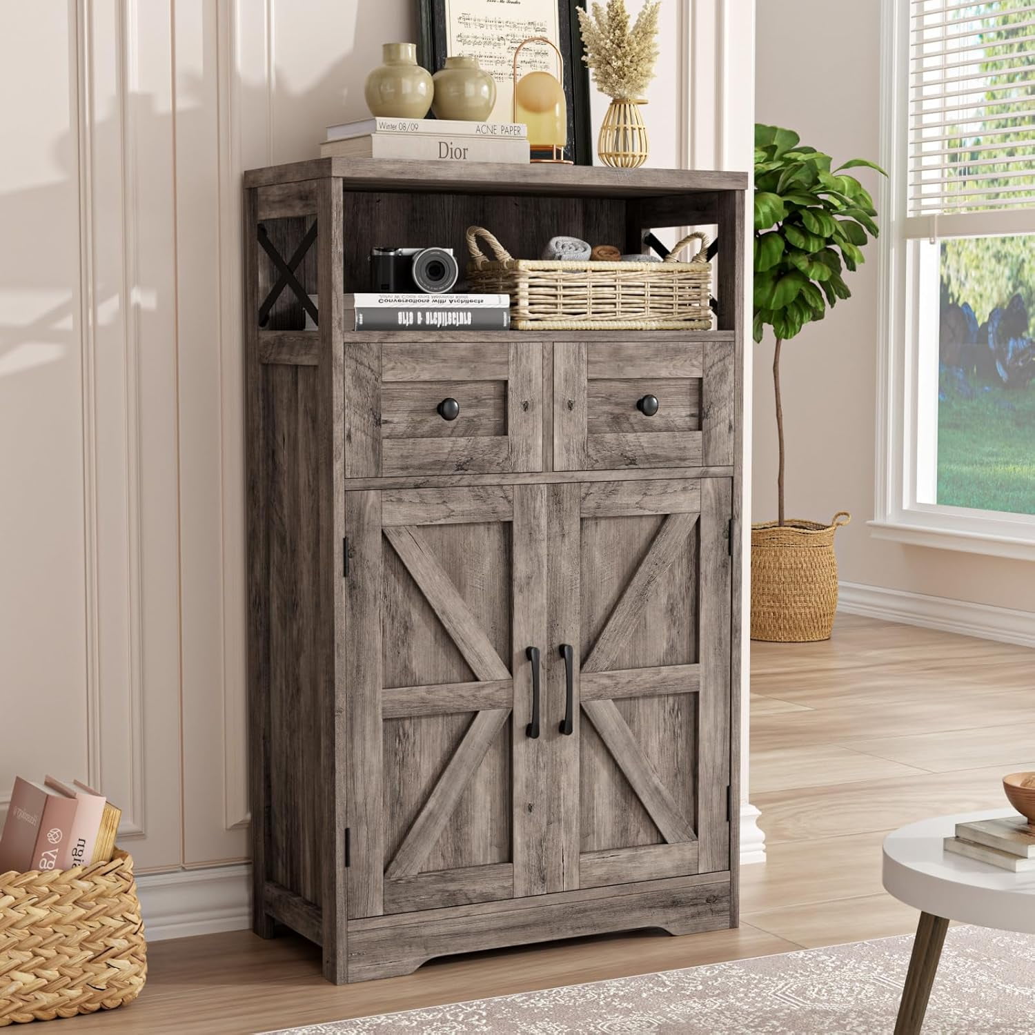 OIKMOINB Natural Storage Cabinet with Doors and Shelves Standing ...
