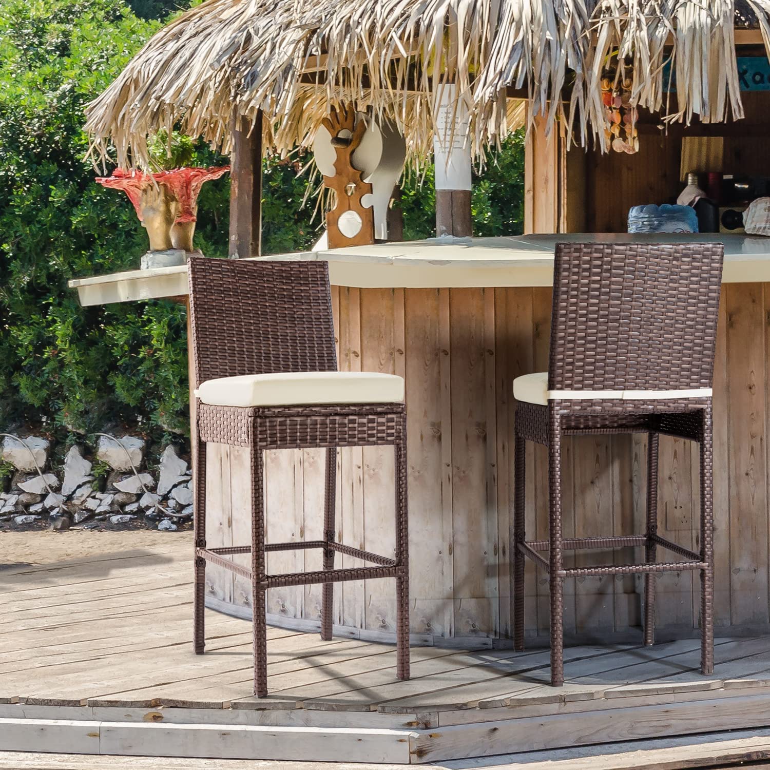 OIKMOINB Outdoor Bar Stools Wicker Patio Stools & Patio Bar Chairs ...