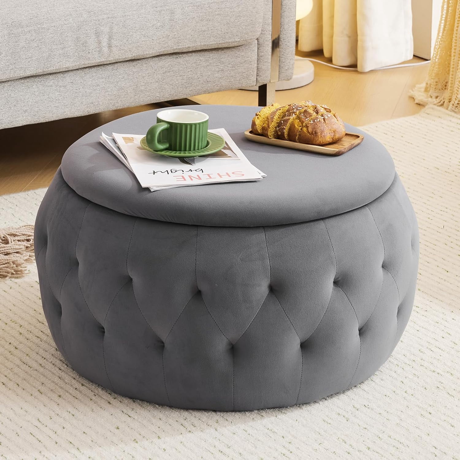 OIKMOINB Round Ottoman with Storage Tufted Velvet Circle Ottoman ...